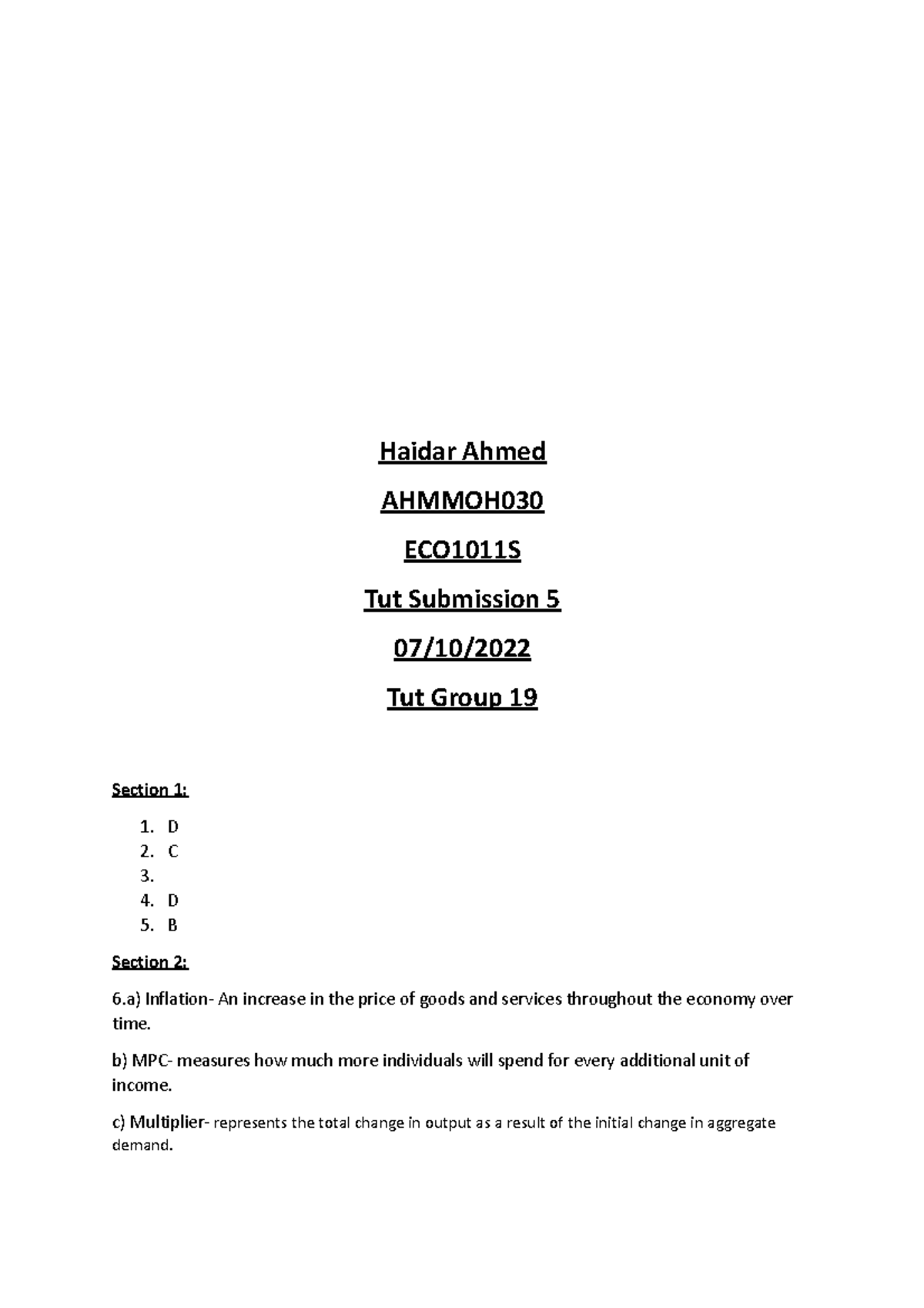 ECO1011S Sub5 - Tutorial work 2023 - Haidar Ahmed AHMMOH ECO1011S Tut Submission 5 07/10/ Tut ...