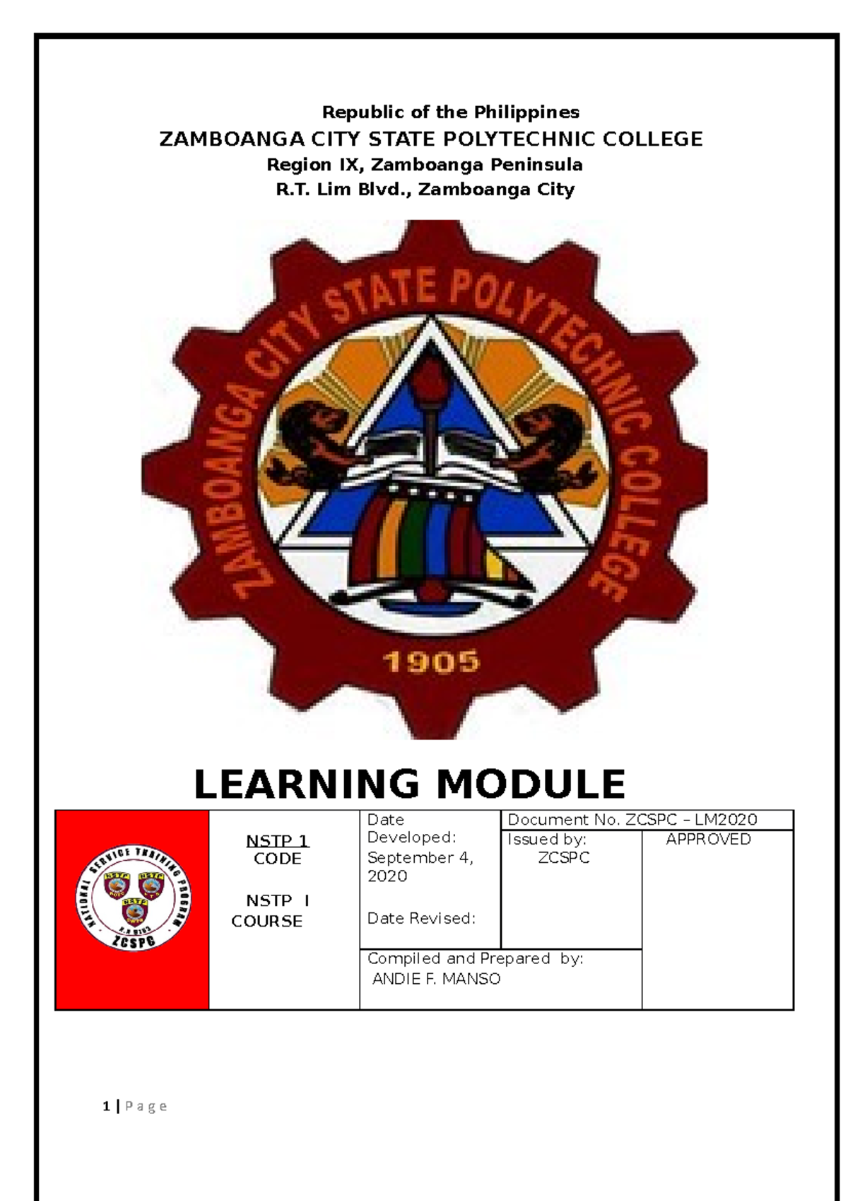 NSTP- Module Lesson-1 - Republic of the Philippines ZAMBOANGA CITY ...
