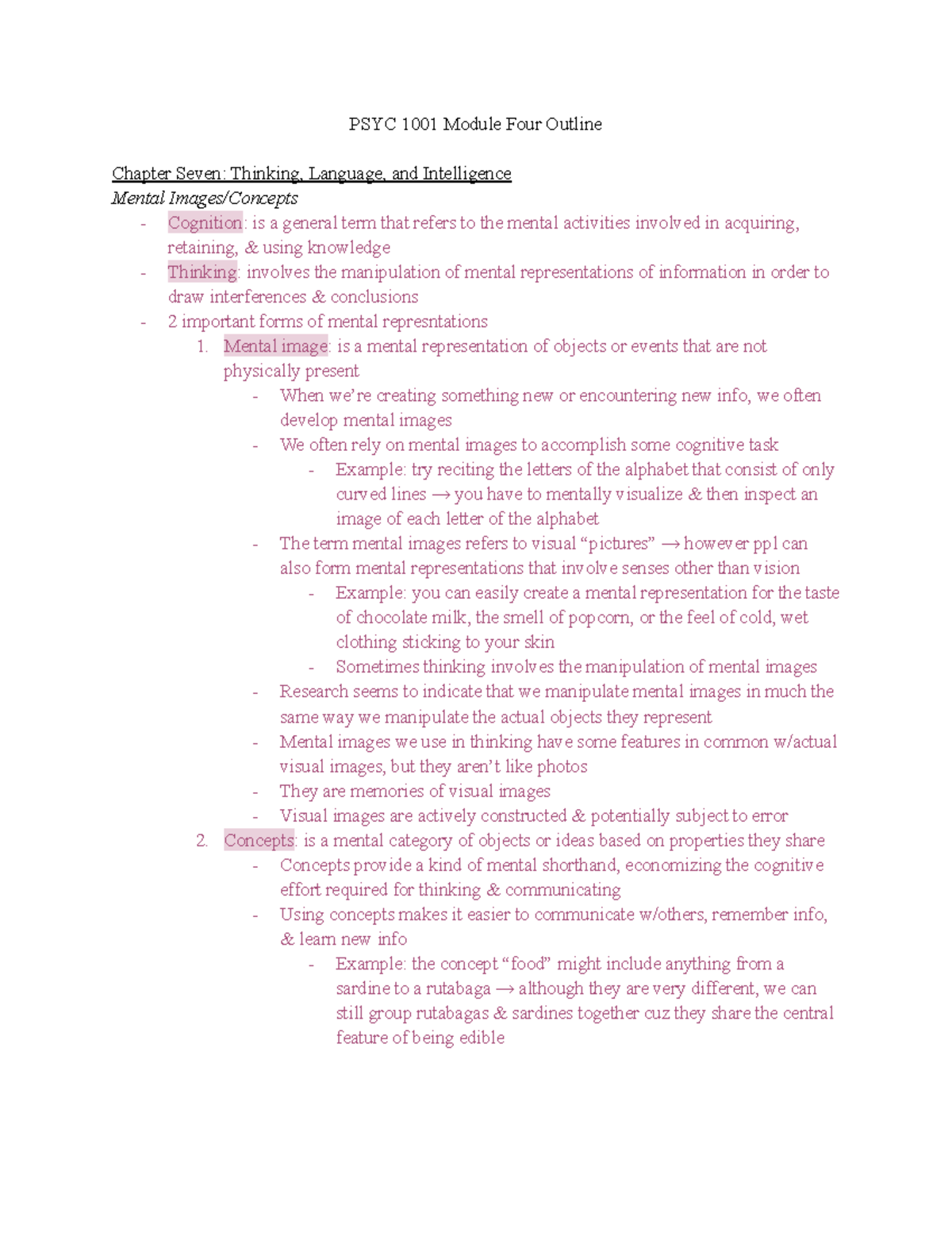 PSYC 1001 Module Four Outline - PSYC 1001 Module Four Outline Chapter Seven: Thinking, Language ...