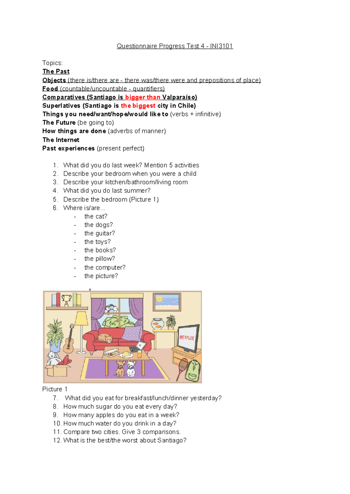Questionnaire Progress Test 4 - .. the cat? the dogs? the guitar? the ...