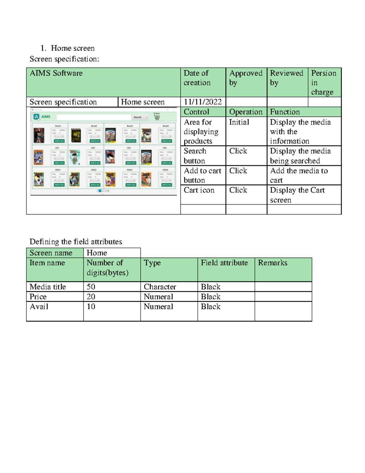 Screen specification 2 - Home screen Screen specification: Defining the ...