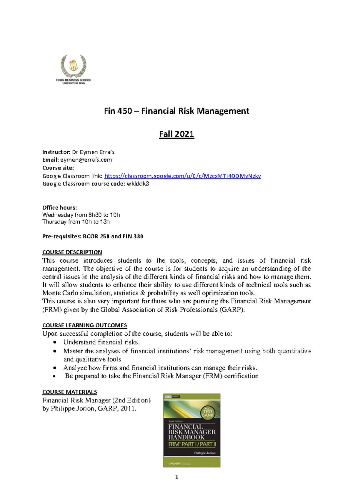 Syllabus - Financial Risk Management - Fin 450 – Financial Risk ...