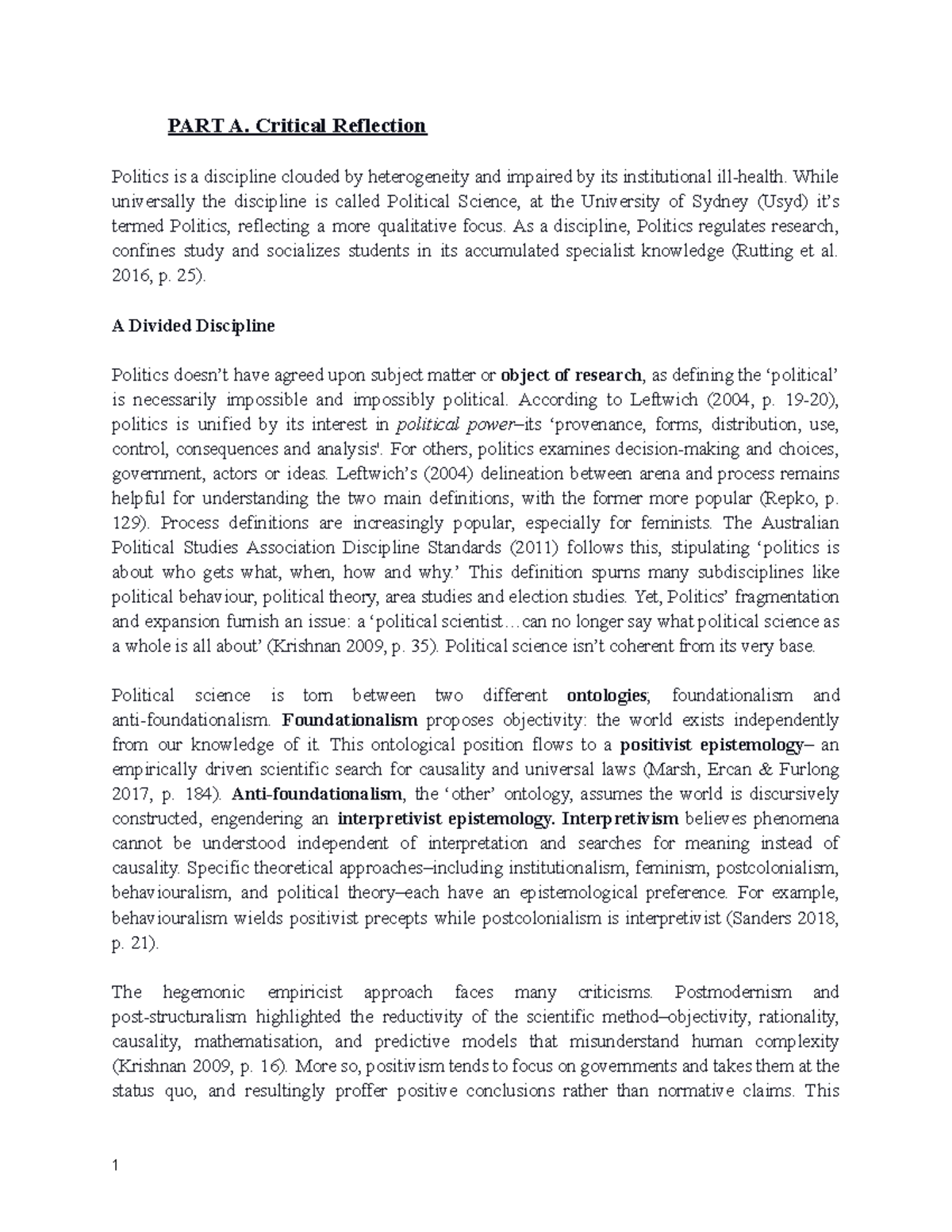 HD(Politics) - Disciplinary Mapping 20% - PART A. Critical Reflection ...