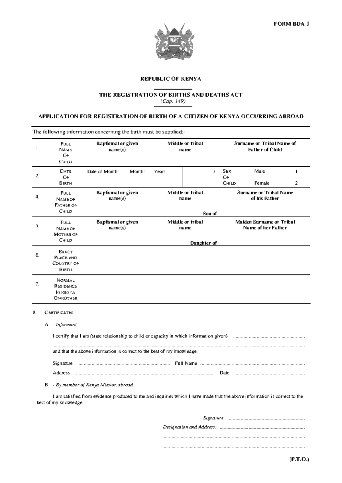 Birth Registration Form - FORM BDA 1 (P.T.) REPUBLIC OF KENYA THE ...