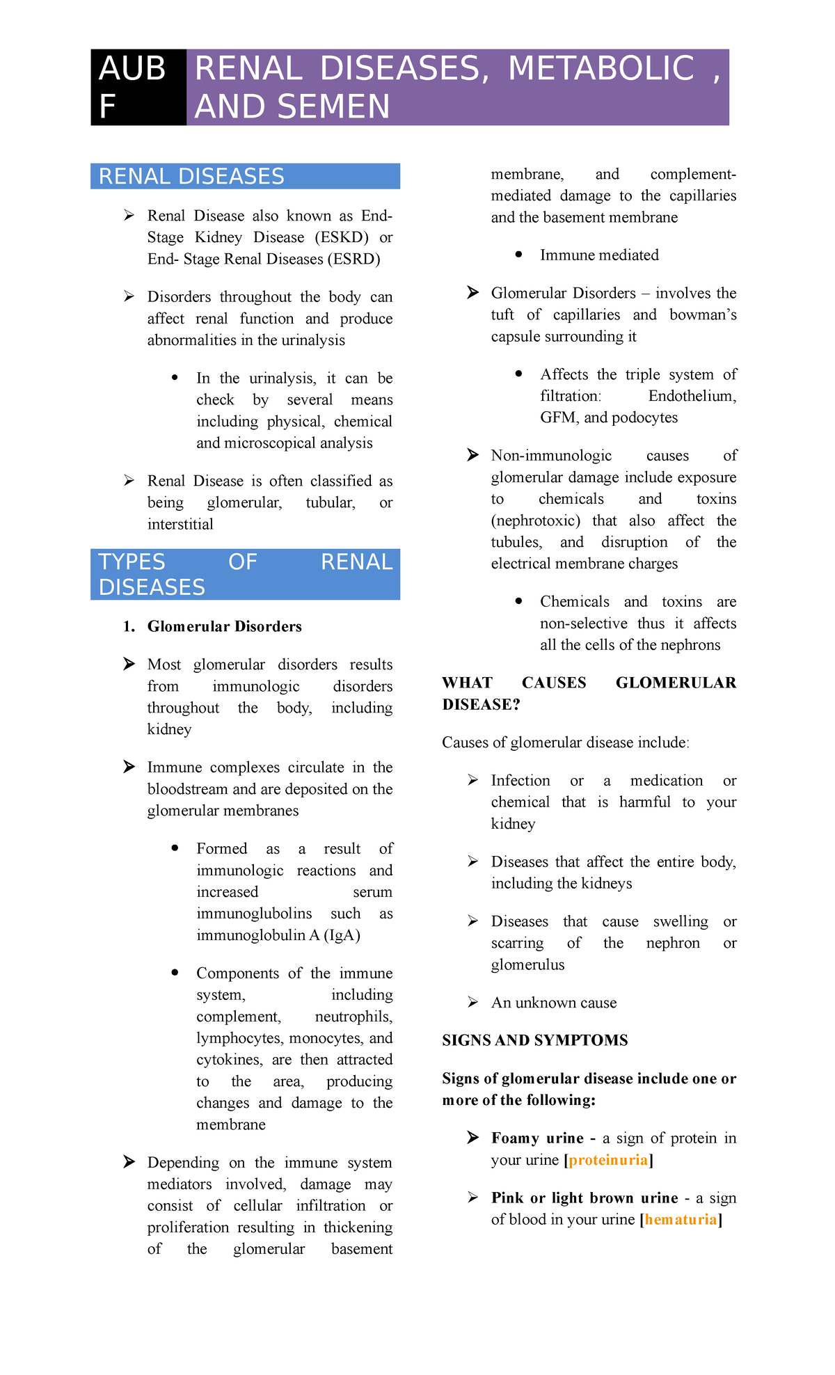 AUBF - n/a - F AND SEMEN RENAL DISEASES Renal Disease also known as End ...