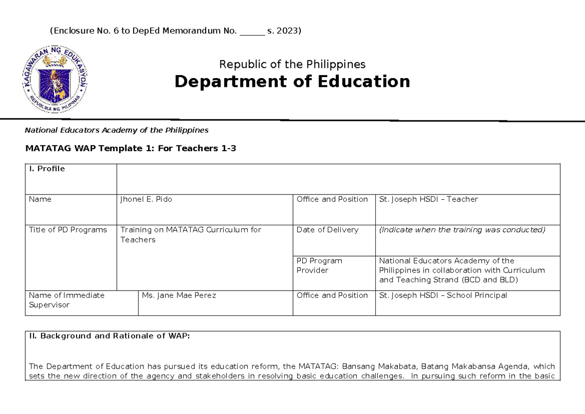 Matatag WAP Template 1 For Teachers 1-3 PIDO, Jhonel - (Enclosure No. 6 ...