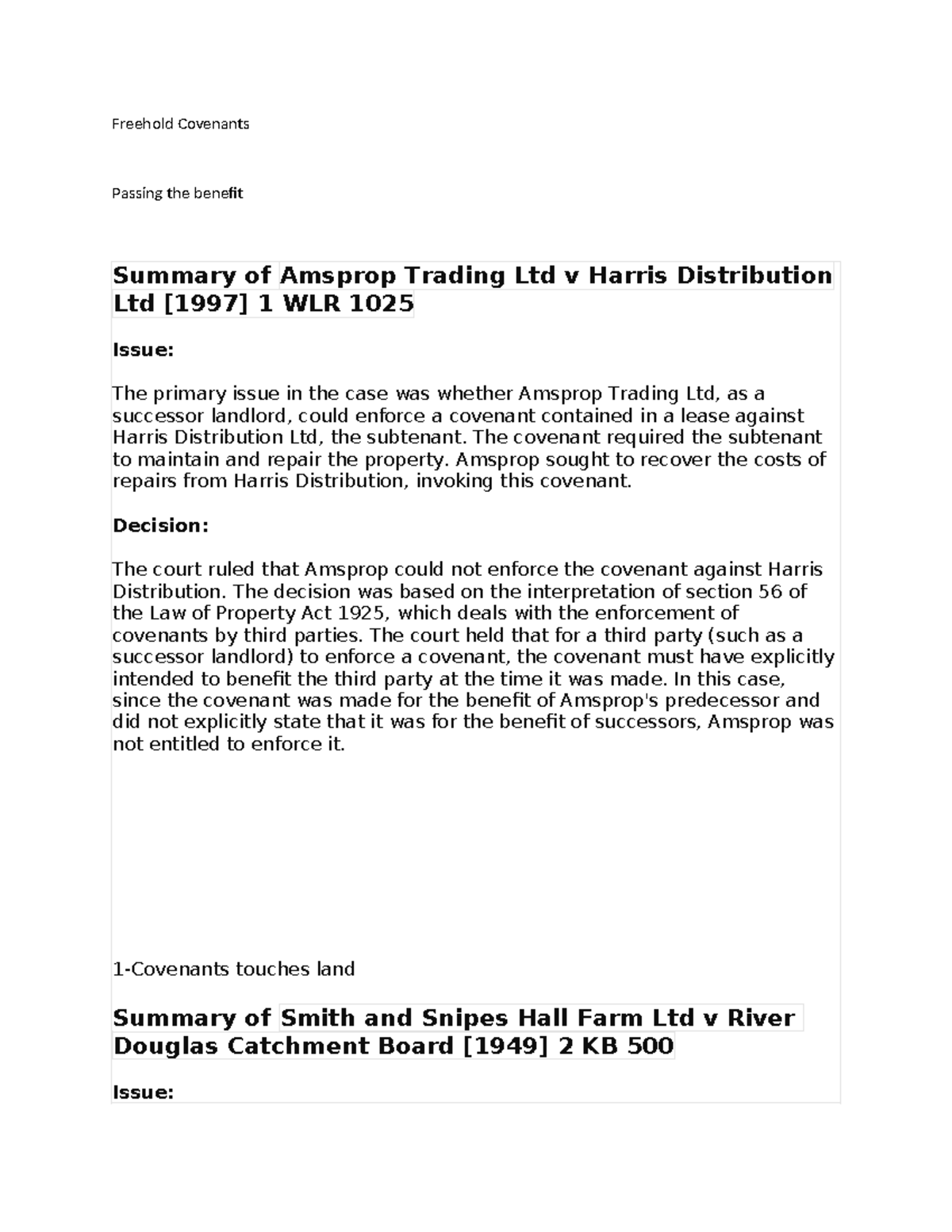 Freehold Covenants - property - Freehold Covenants Passing the benefit ...