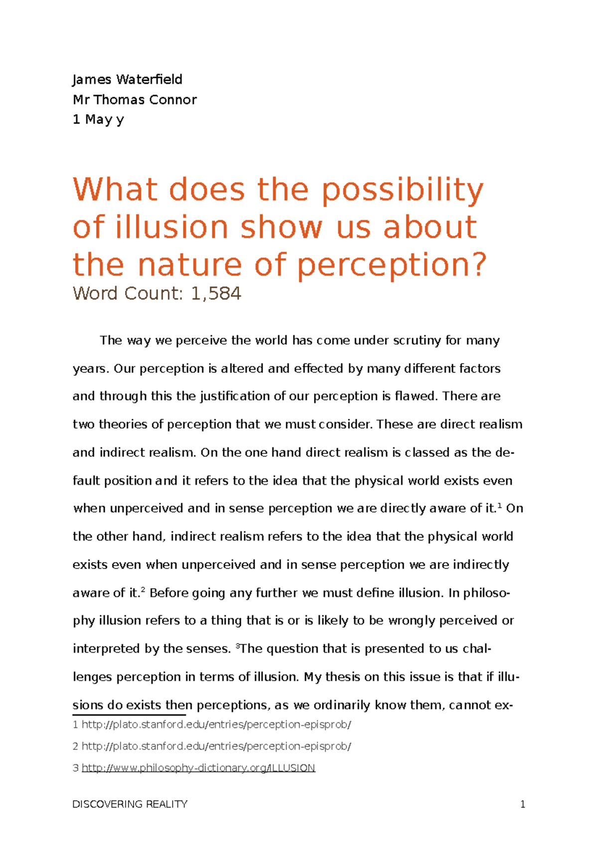 Discovering Reality Essay Word - James Waterfield Mr Thomas Connor 29 ...