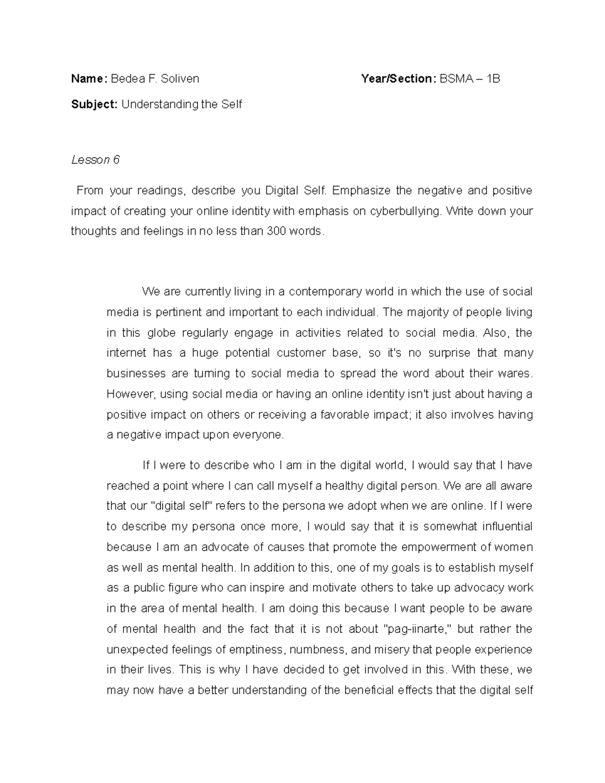 L6 - Understanding the Self CHAPTER 2 - Name: Bedea F. Soliven Year ...