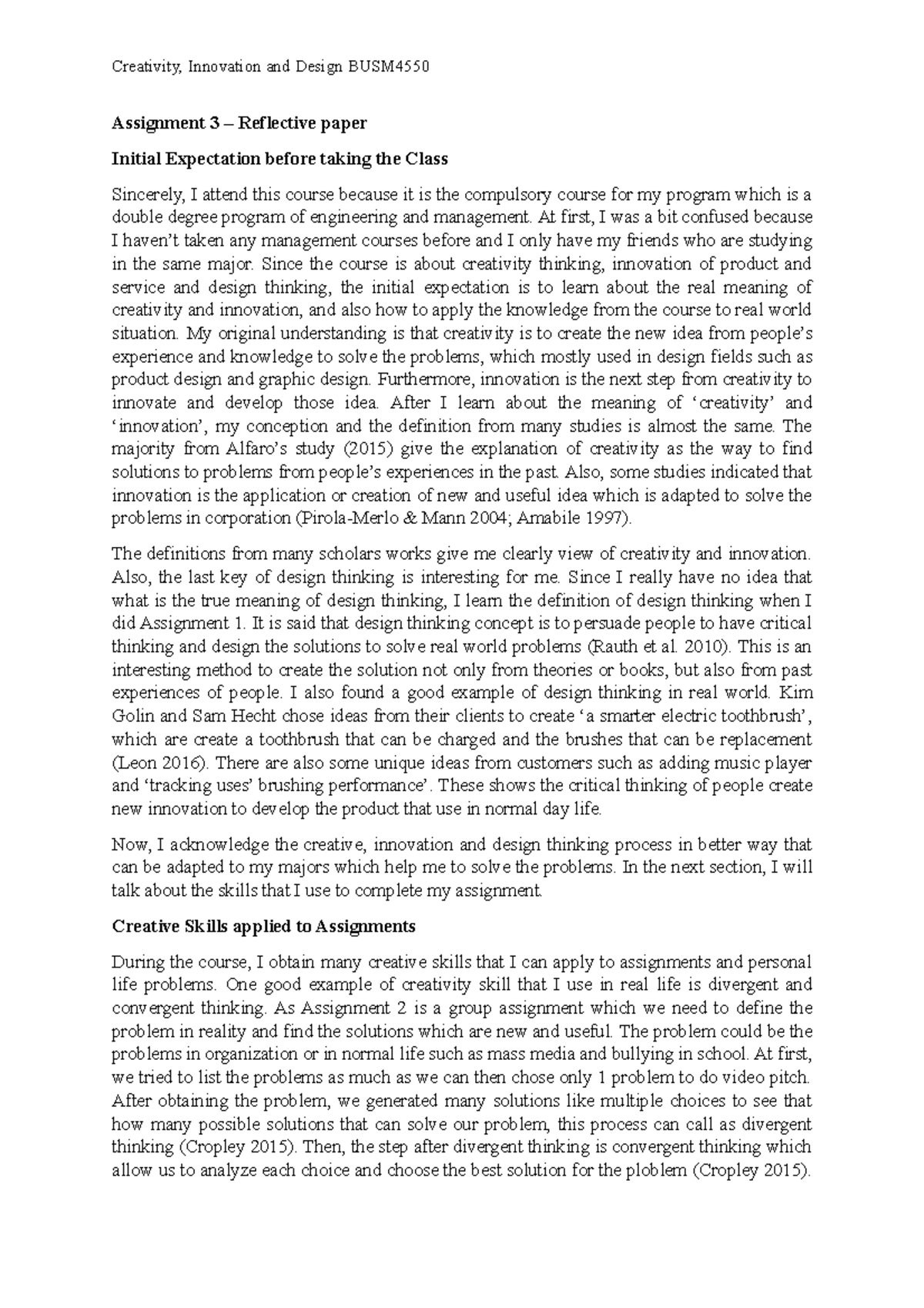Assignment 3 reflective paper - Creativity, Innovation and Design BUSM ...