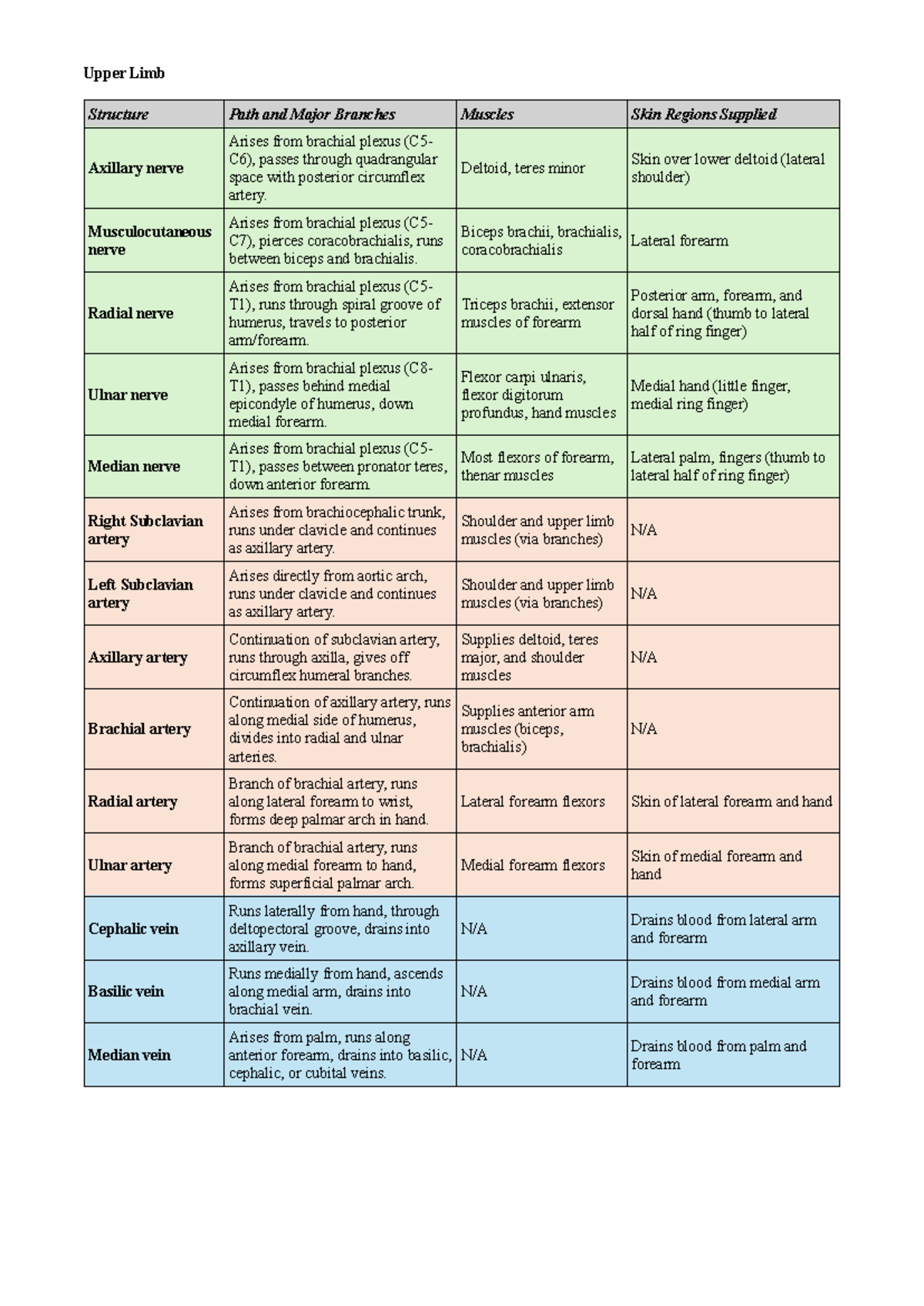 Upper limb and Lower limb (muscles, veins, arteries and nerves) - Upper ...