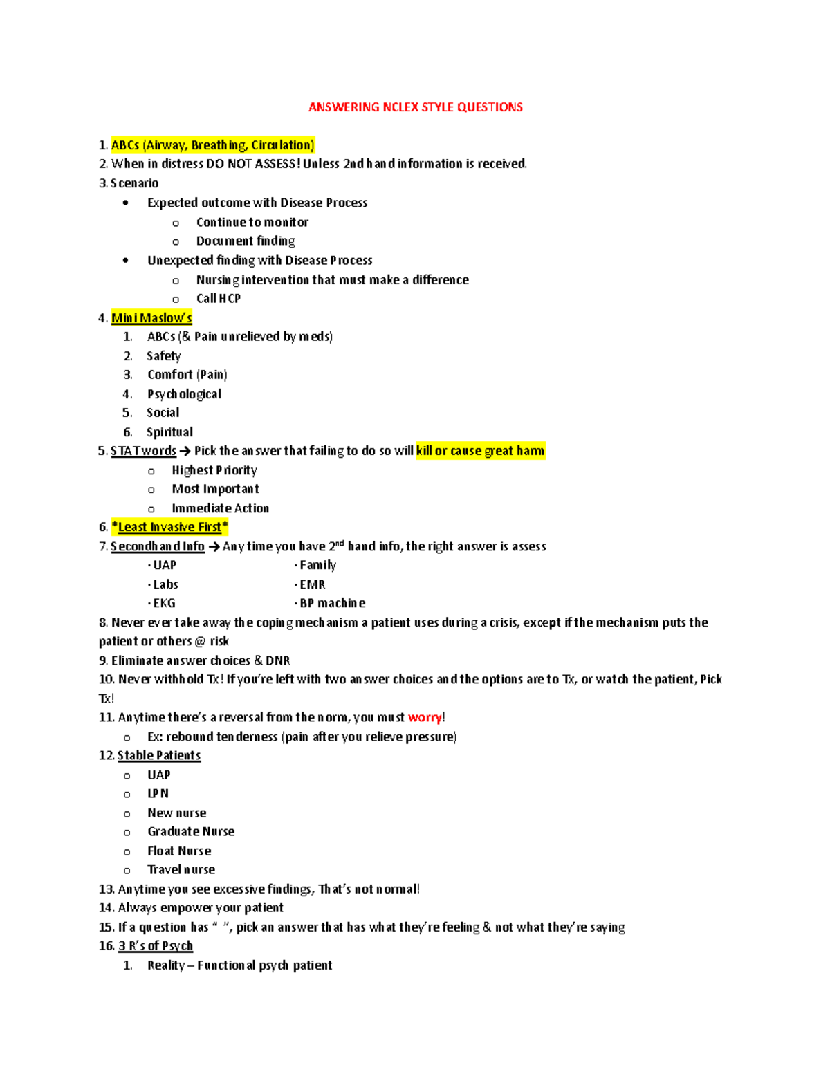 Nclex Style Questions - ANSWERING NCLEX STYLE QUESTIONS ABCs (Airway ...