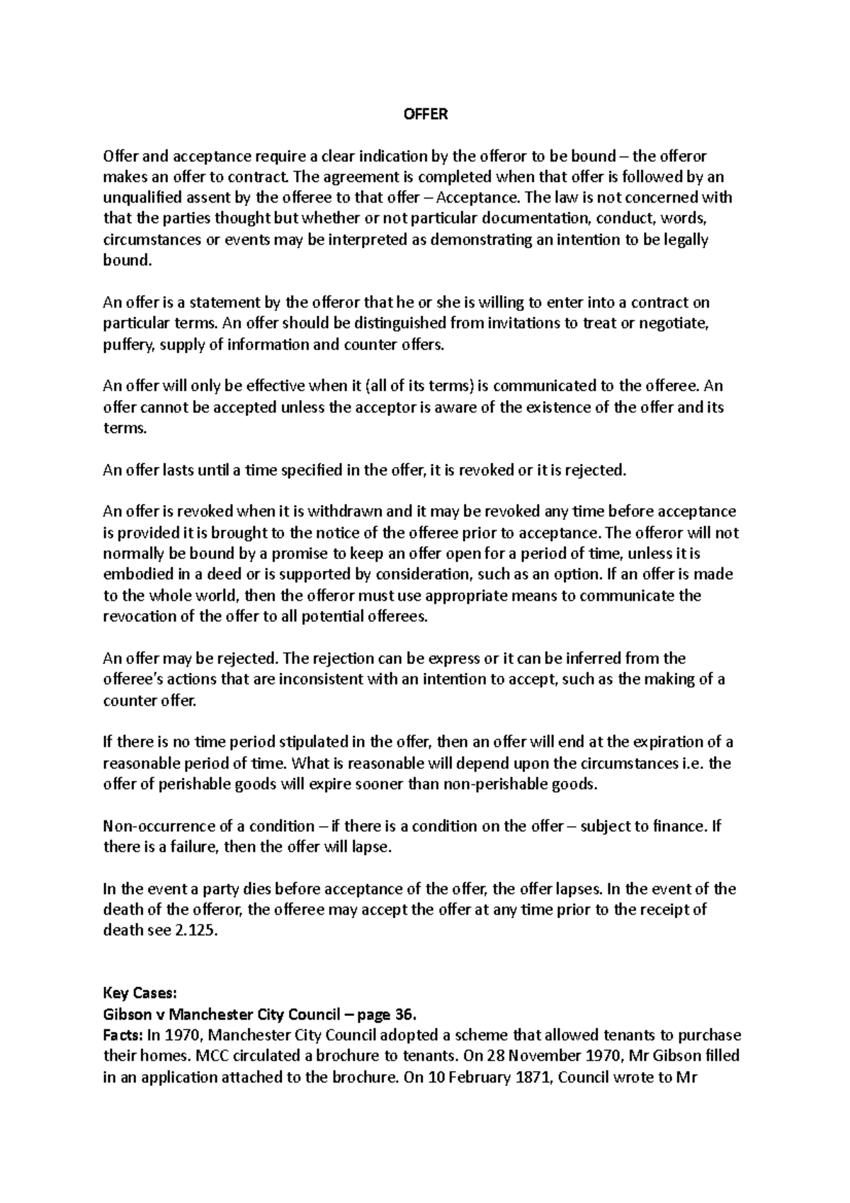 Contracts Notes - Part 1 - ####### OFFER Offer and acceptance require a ...