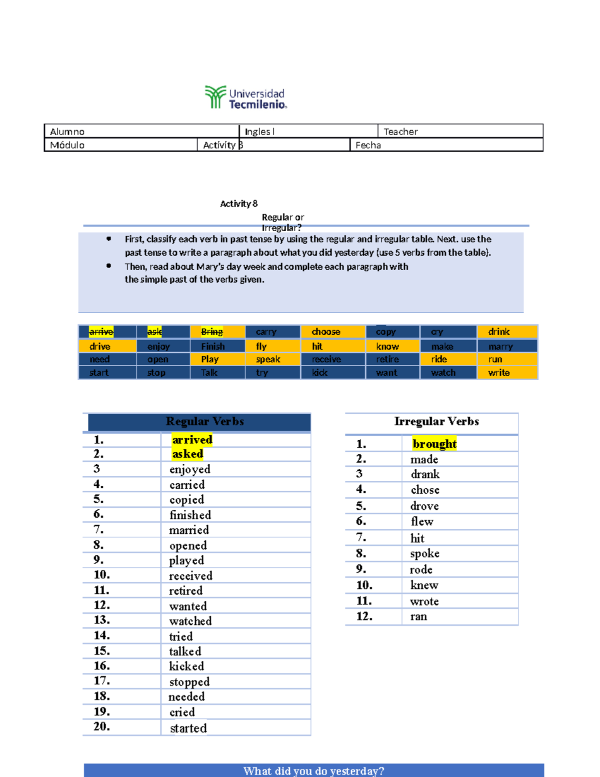 Activity-8 Ingles l - act8 - What did you do yesterday? Alumno Ingles l ...