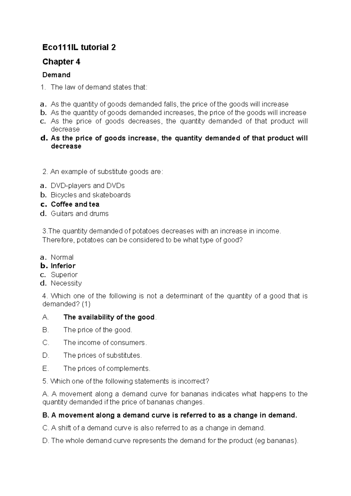 ECO111L Tutorial 2 memo guide - Eco111lL tutorial 2 Chapter 4 Demand ...