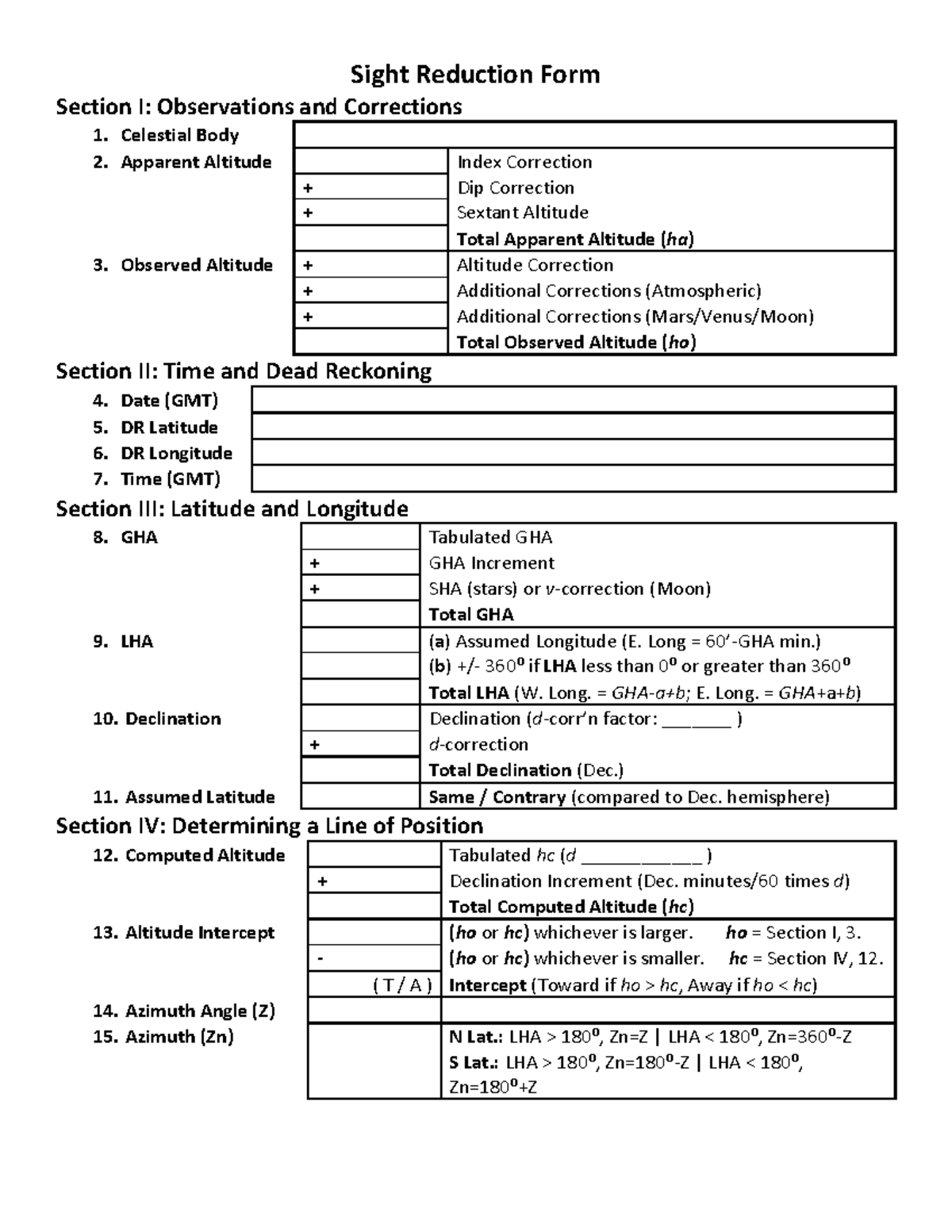Sight-Reduction-Form - Sight Reduction Form Section I: Observations and ...