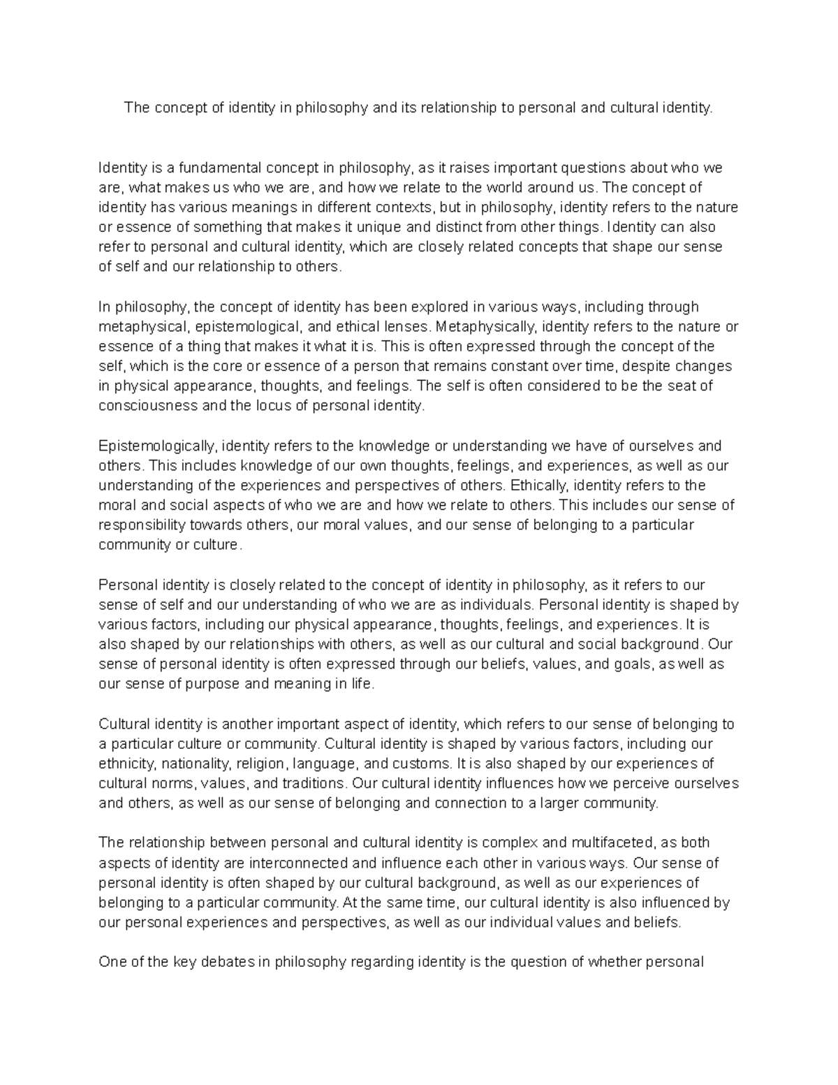 The concept of identity in philosophy and its relationship to personal ...