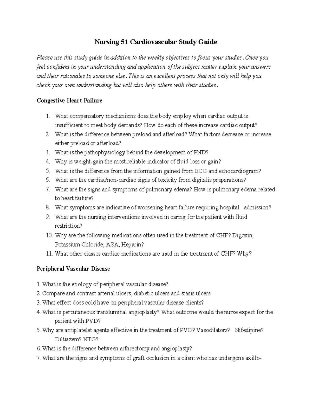 CV Study Guide - Nursing 51 Cardiovascular Study Guide Please use this ...