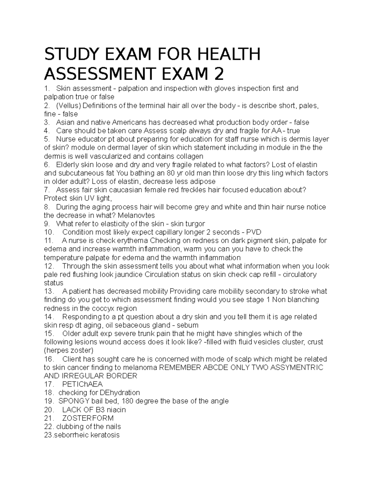 Study EXAM FOR Health Assessment EXAM 2 - STUDY EXAM FOR HEALTH ...