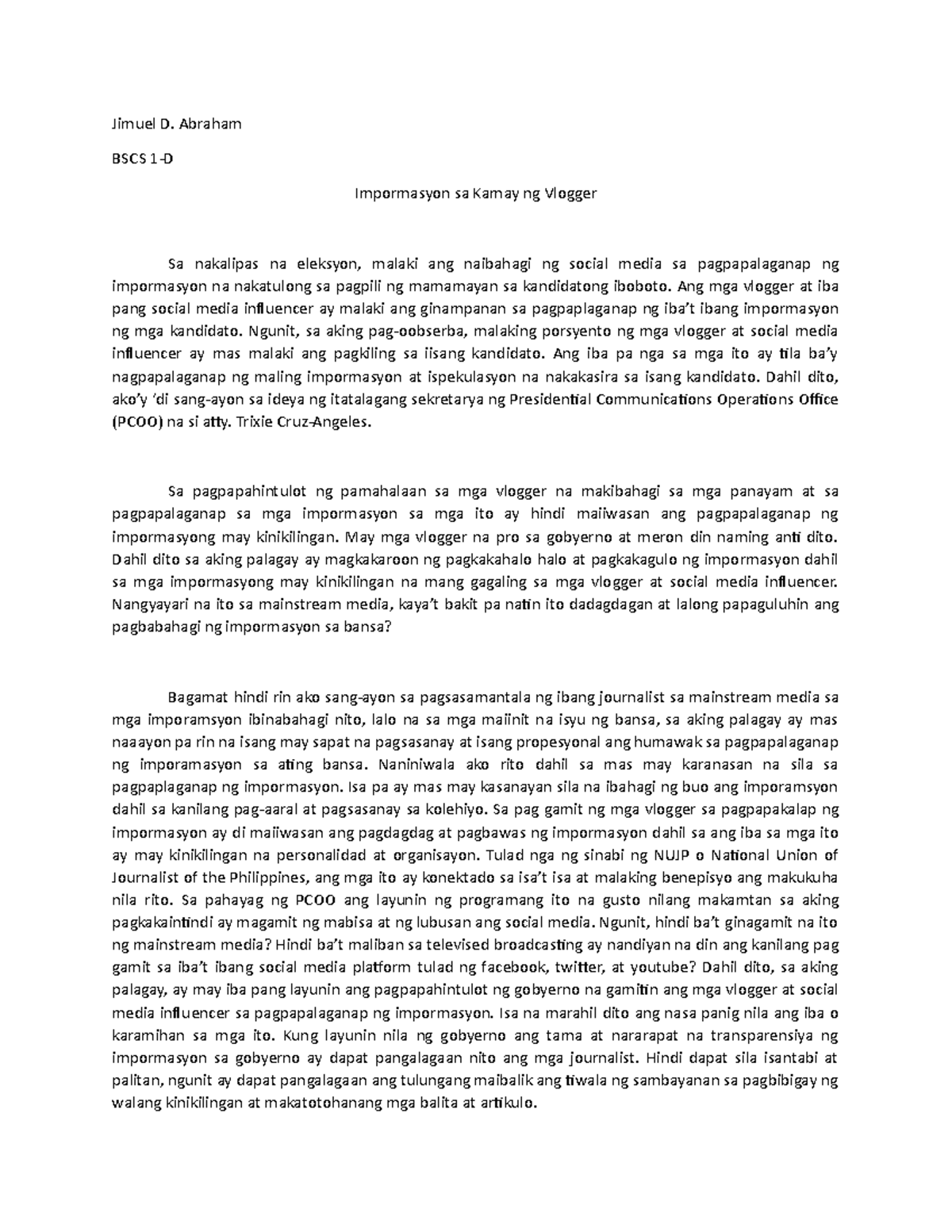 J.D. Abraham. Pinal - essay about the issue of allowing vlogger on ...
