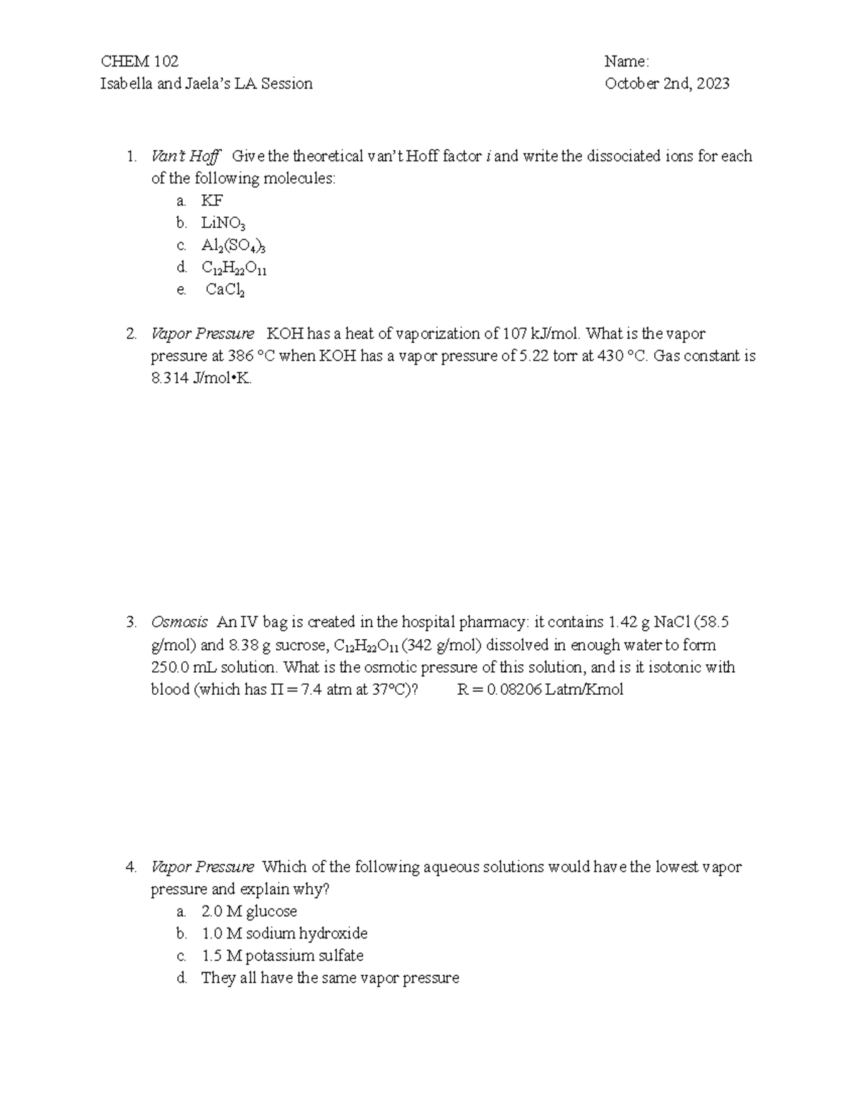10 2 Worksheet Colligative Properties & Kinetics - CHEM 102 Name ...