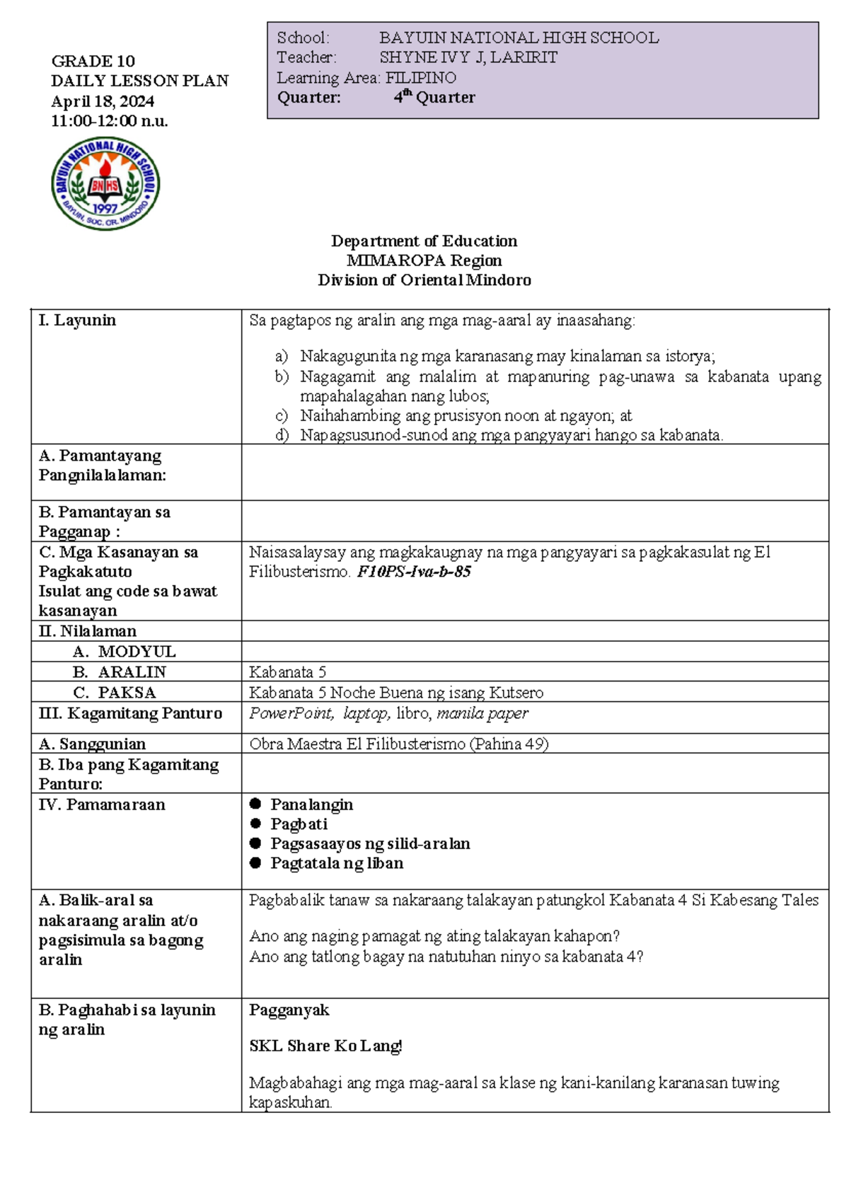 Thursday Lesson plan grade 10 - GRADE 10 DAILY LESSON PLAN April 18 ...