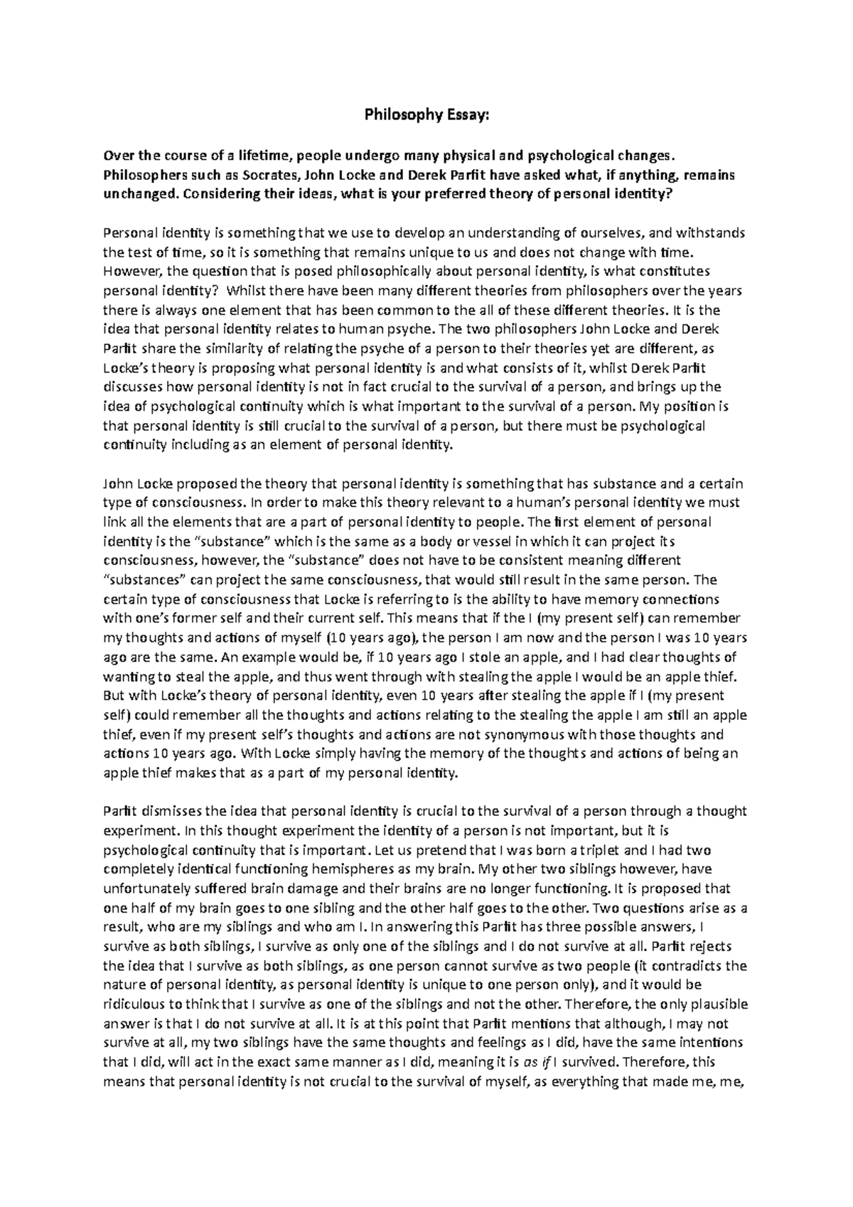 Philosophy Essay For - Philosophy Essay: Over the course of a lifetime ...