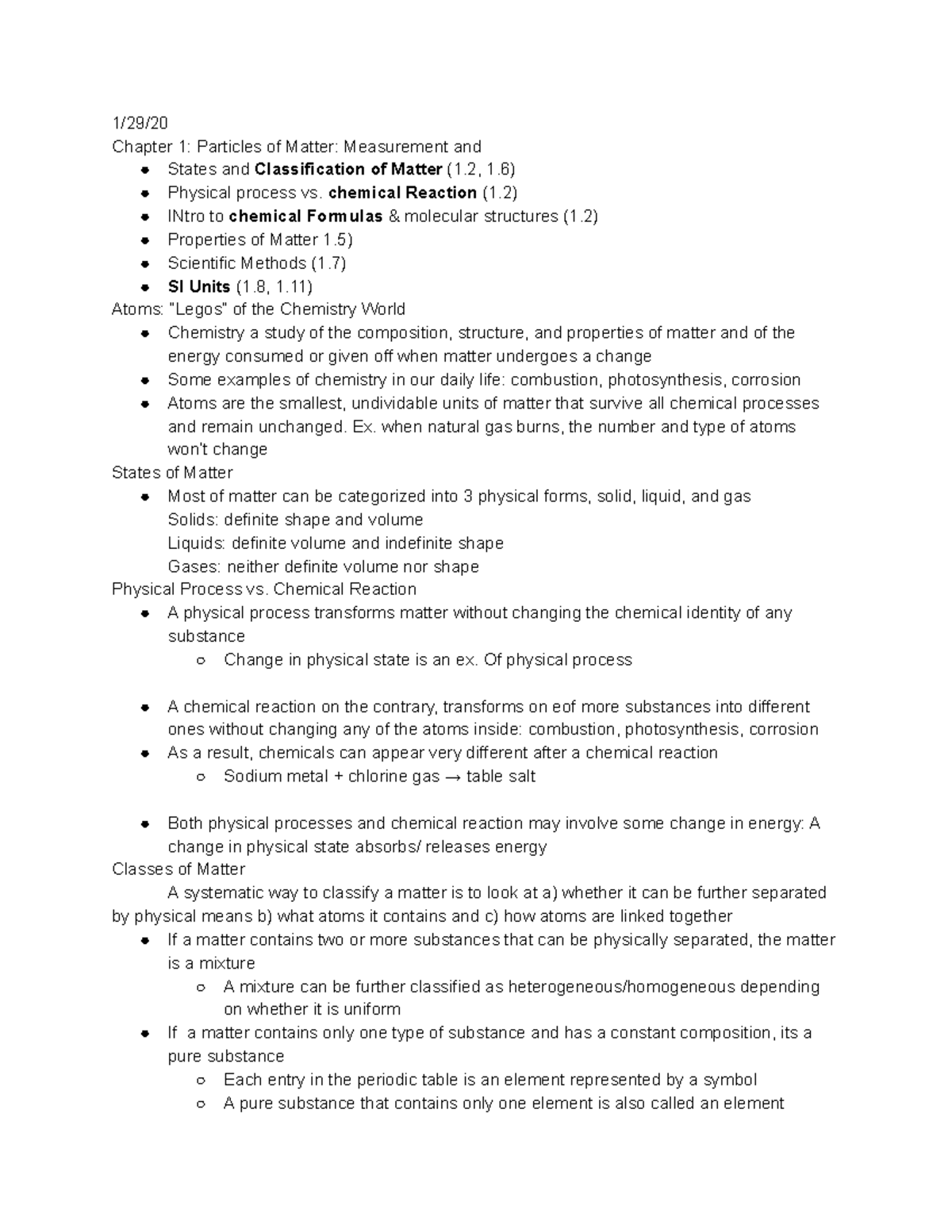 CHM 141 Notes 1 29 20 - 1/29/ Chapter 1: Particles of Matter ...