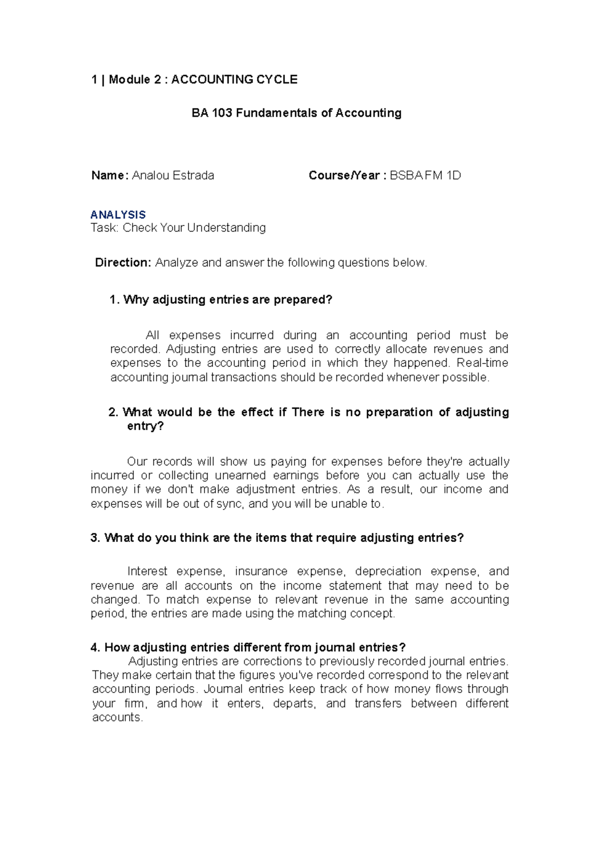 Accounting 4 - dfghgh - BA 103 Fundamentals of Accounting Name: Analou ...