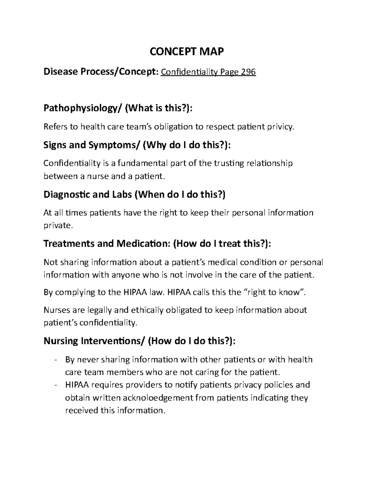 Concept Map Confidentiality - CONCEPT MAP Disease Process/Concept ...