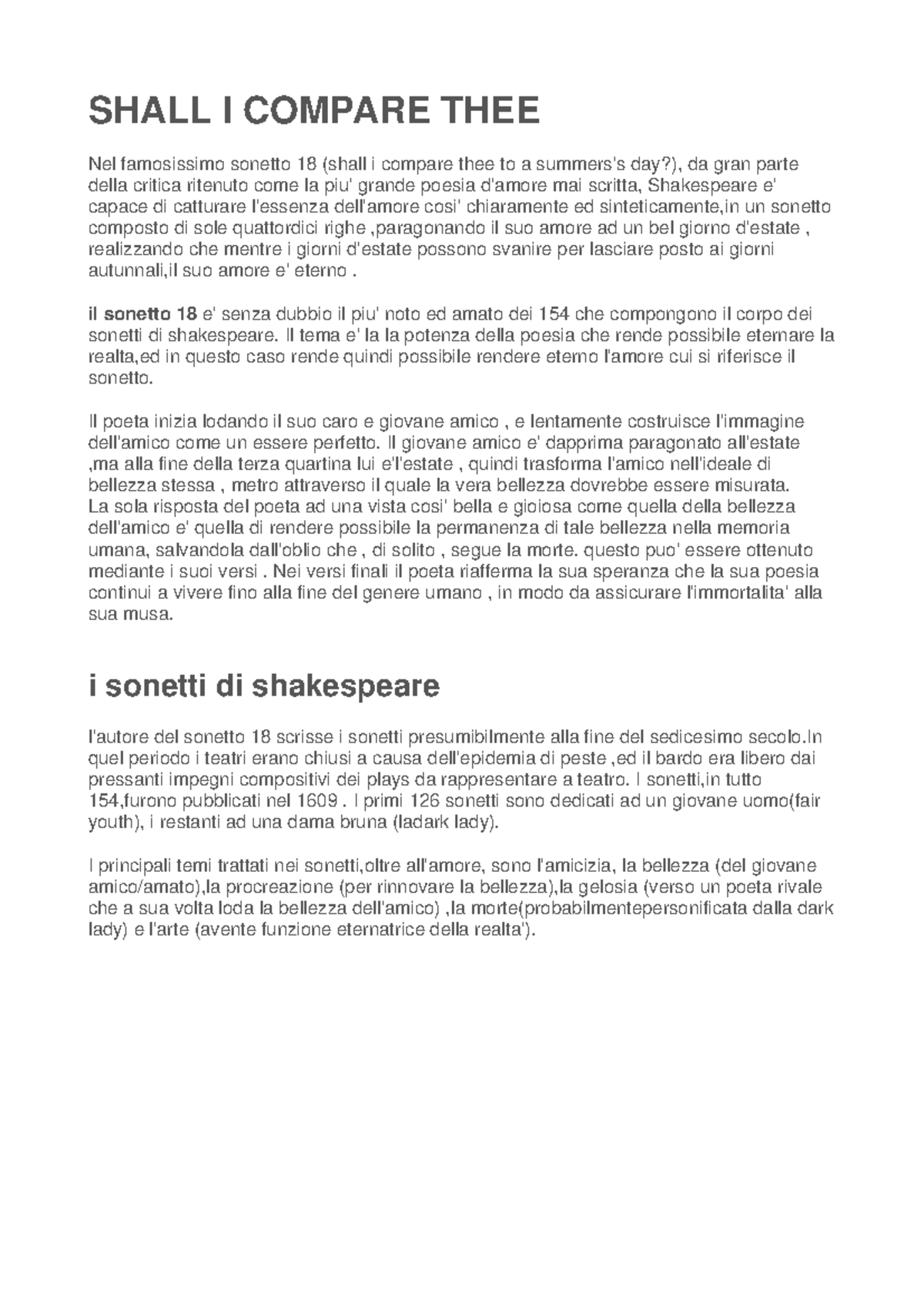 Analisi Shall I Compare - SHALL I COMPARE THEE Nel famosissimo sonetto 18 (shall i compare thee ...
