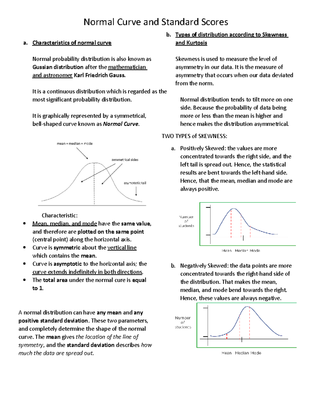 Normal distribution and standard scores - a. Characteristics of normal ...