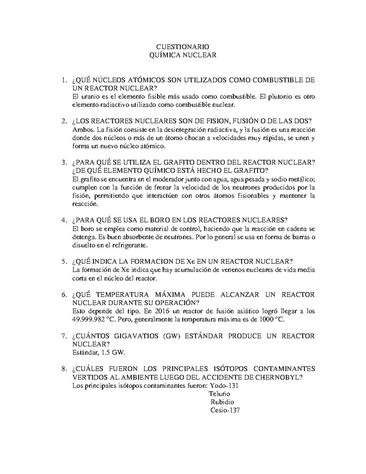 Química nuclear, cuestionario resuelto - CUESTIONARIO QUÍMICA NUCLEAR 1 ...