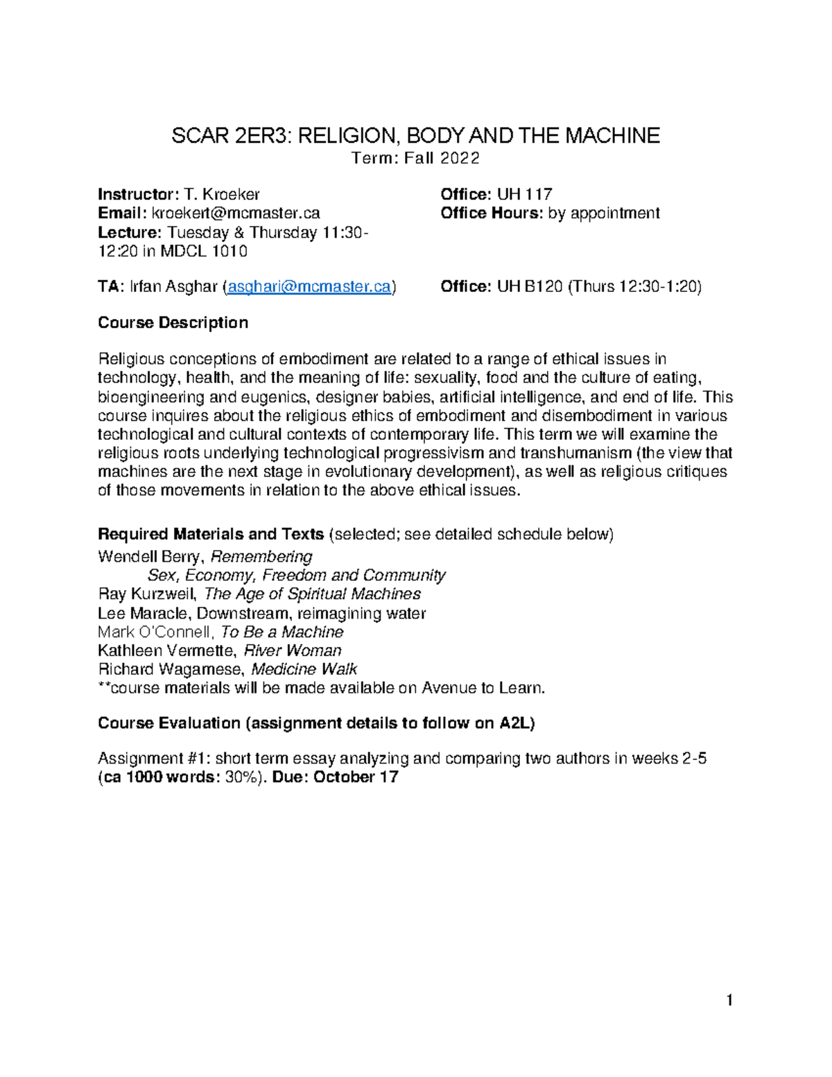 SCAR 2ER3 course outline 2022 (1) - SCAR 2ER3: RELIGION, BODY AND THE ...