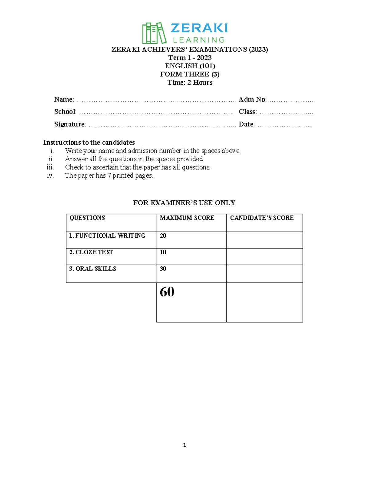 Zeraki Achiever 1 - Notes - ZERAKI ACHIEVERS’ EXAMINATIONS (2023) Term ...