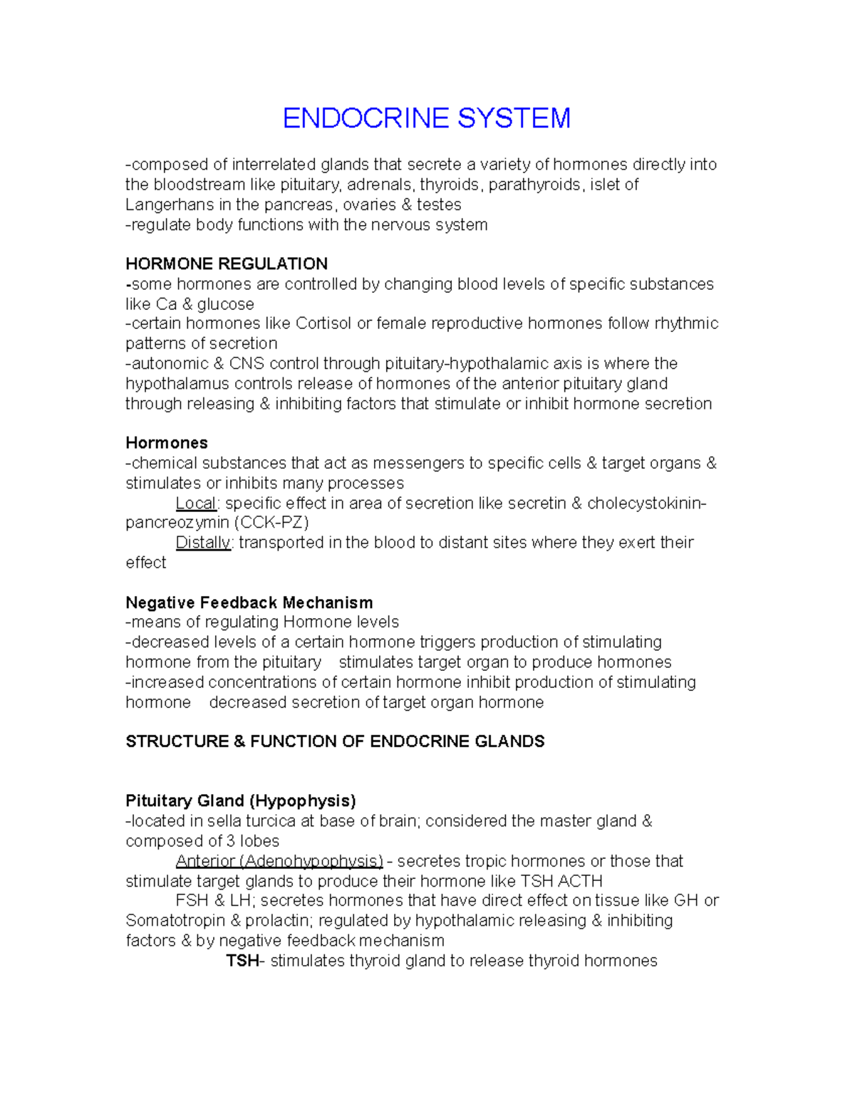 MS endo - Endocrine notes - ENDOCRINE SYSTEM -composed of interrelated ...