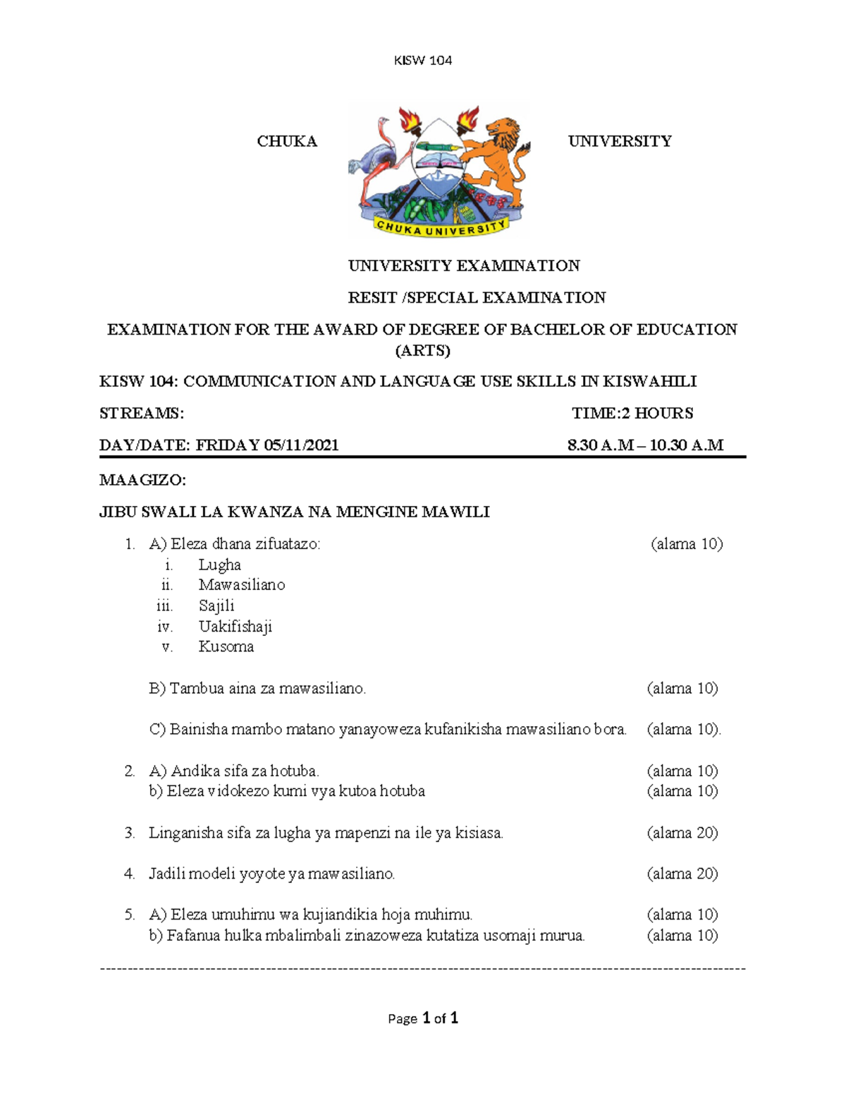 KISW 104 - For revision - KISW 104 CHUKA UNIVERSITY UNIVERSITY EXAMINATION RESIT /SPECIAL - Studocu