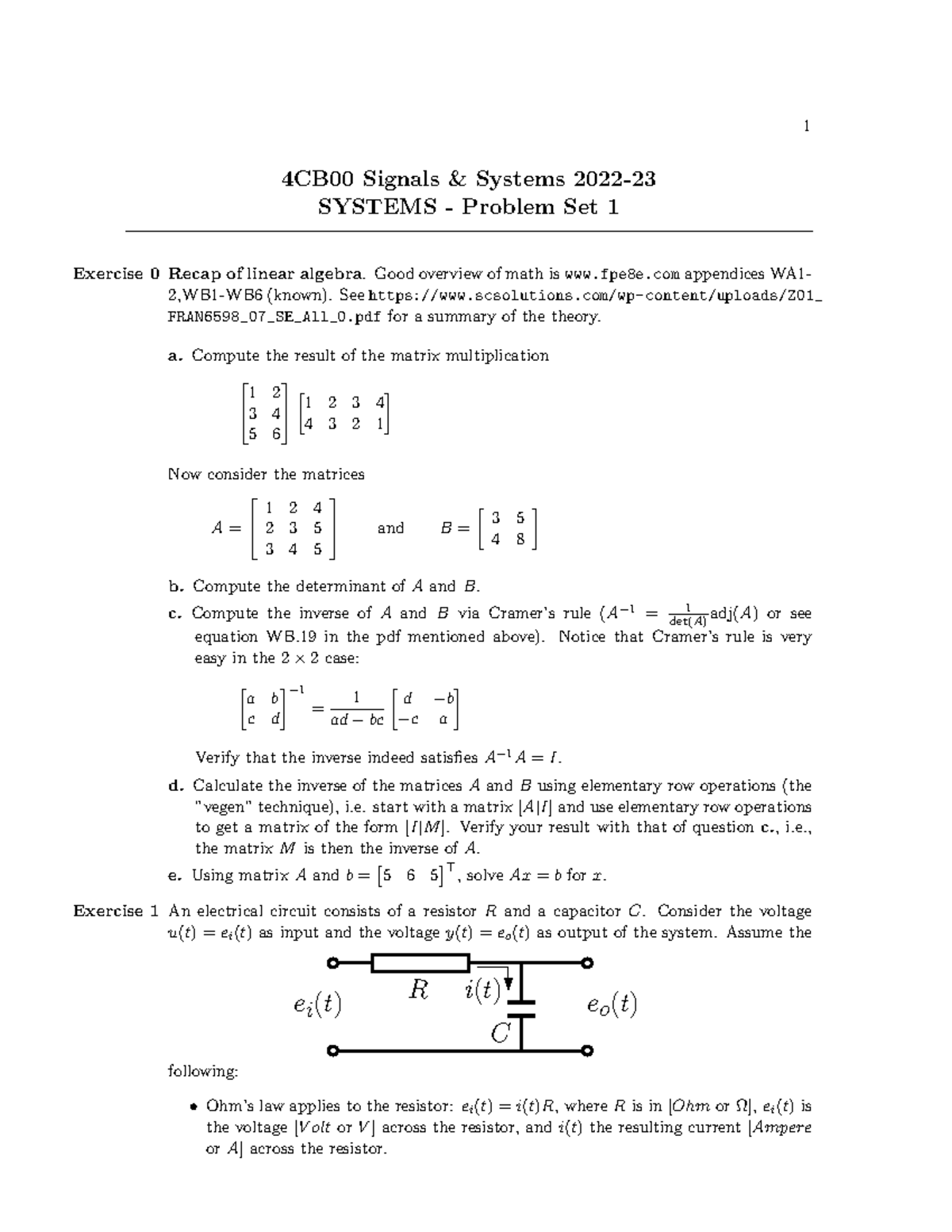 4CB00 Systems GSS 1 - GSS exercises - 1 4CB00 Signals & Systems 2022- SYSTEMS - Problem Set 1 ...