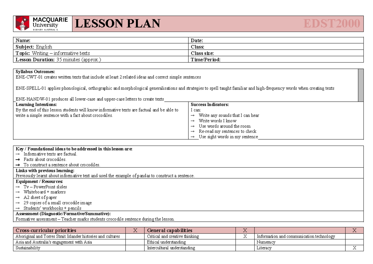 Lesson Plan Writing - LESSON PLAN EDST Name: Date: Subject: English Class: Topic: Writing ...