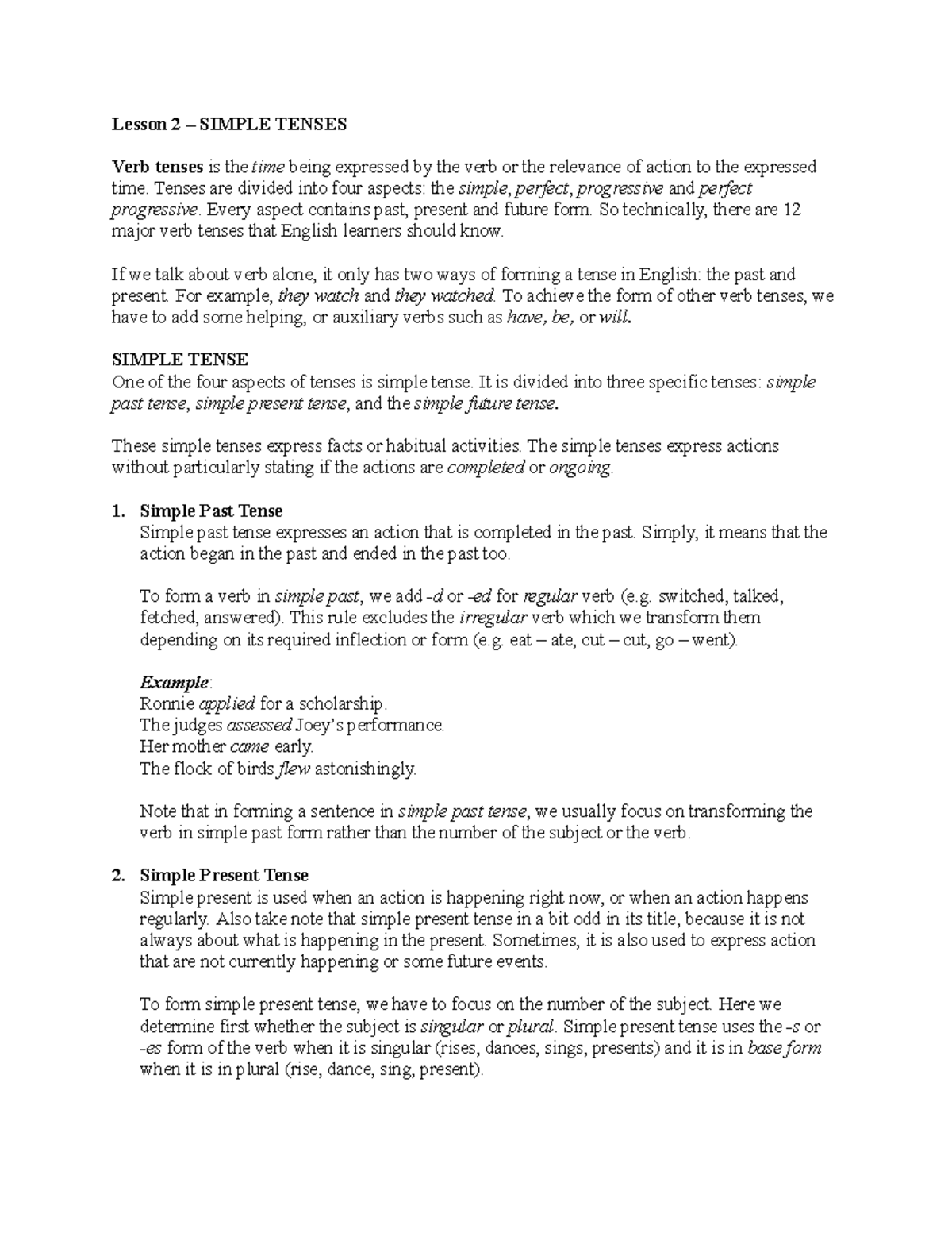 BSED Lesson 2 - Simple Tenses in Sentences - Lesson 2 – SIMPLE TENSES ...
