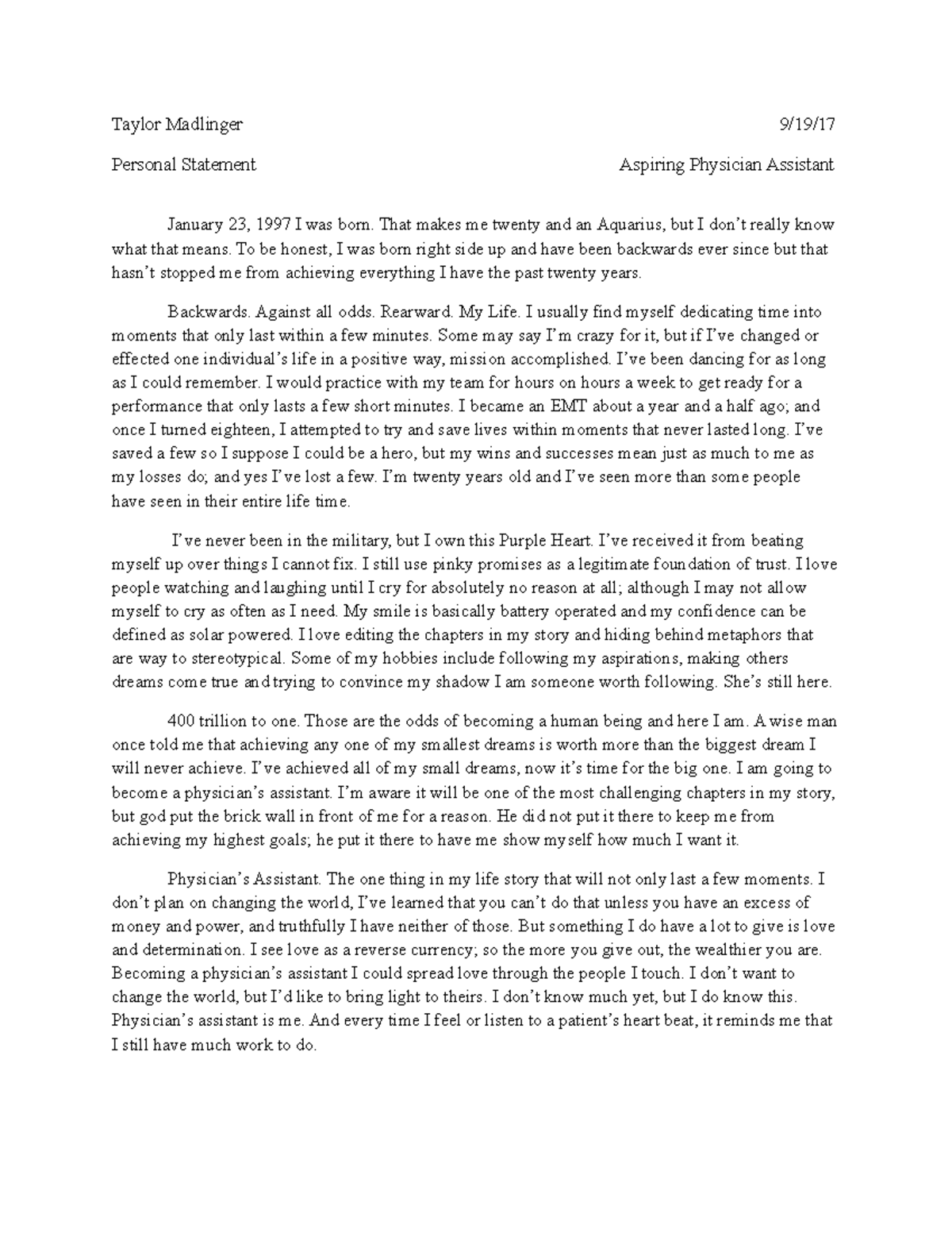 PA Personal Statement - Taylor Madlinger 9/19/ Personal Statement ...