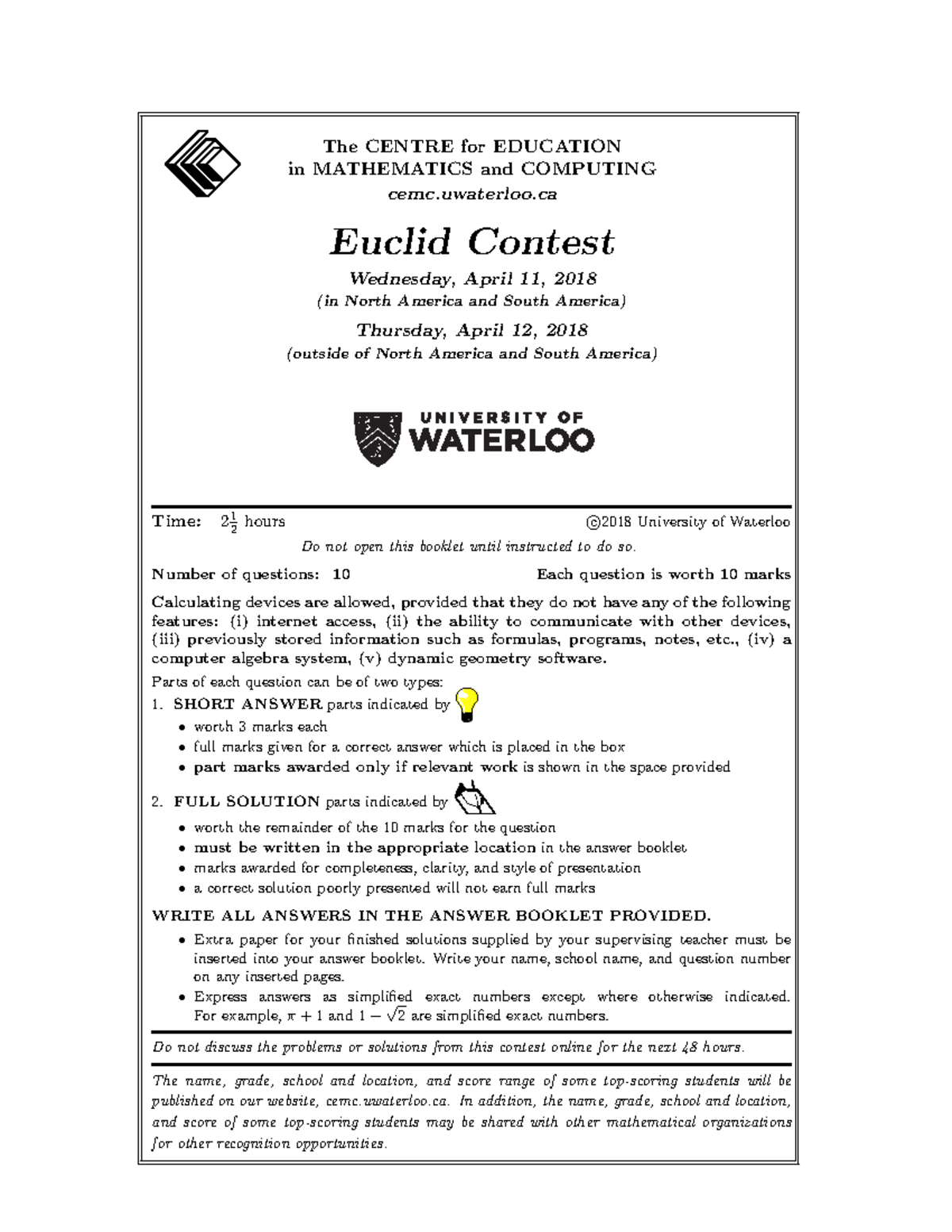 2018 Euclid Contest - 5ttgy - The CENTRE for EDUCATION in MATHEMATICS ...