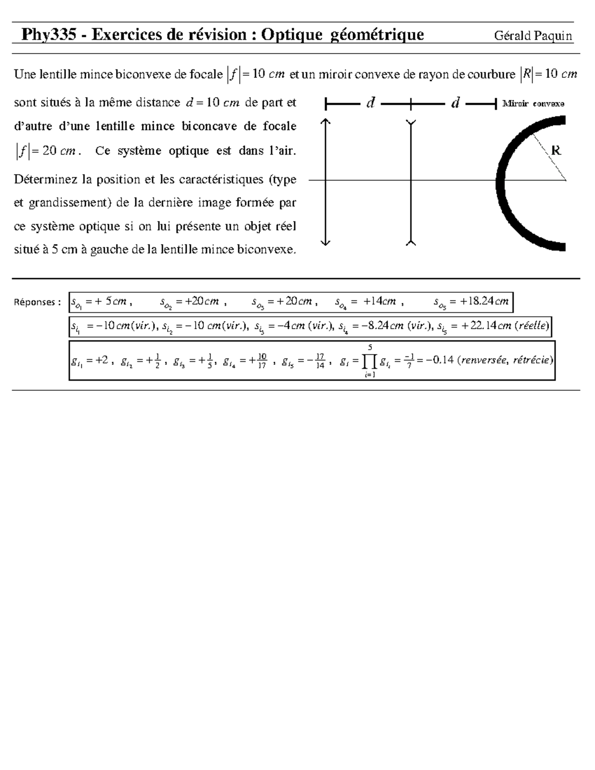 Exercice de pratique - Optique géométrique - Phy335 - Exercices de révision : Optique ...