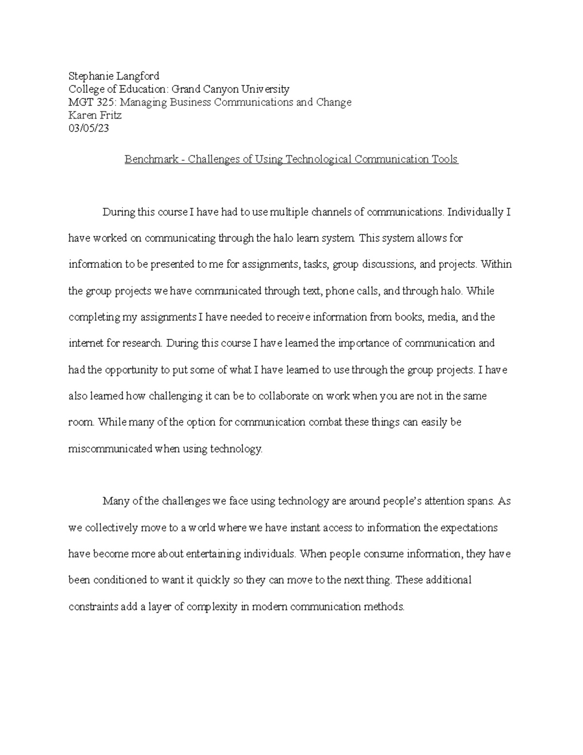 Benchmark Challenges Of Using Technological Communication Tools Stephanie Langford College