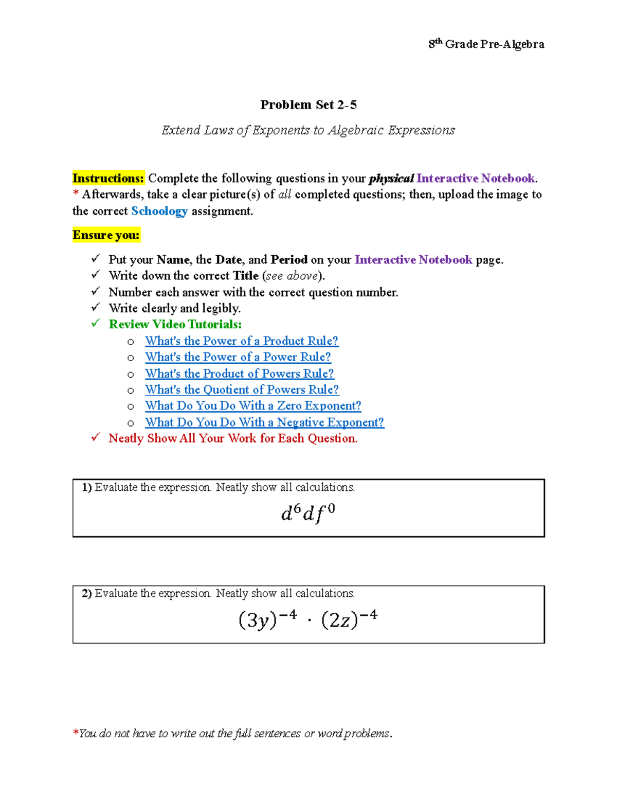 Problem Set - 2-5 Extend Laws of Exponents to Algebraic Expressions - 8 ...