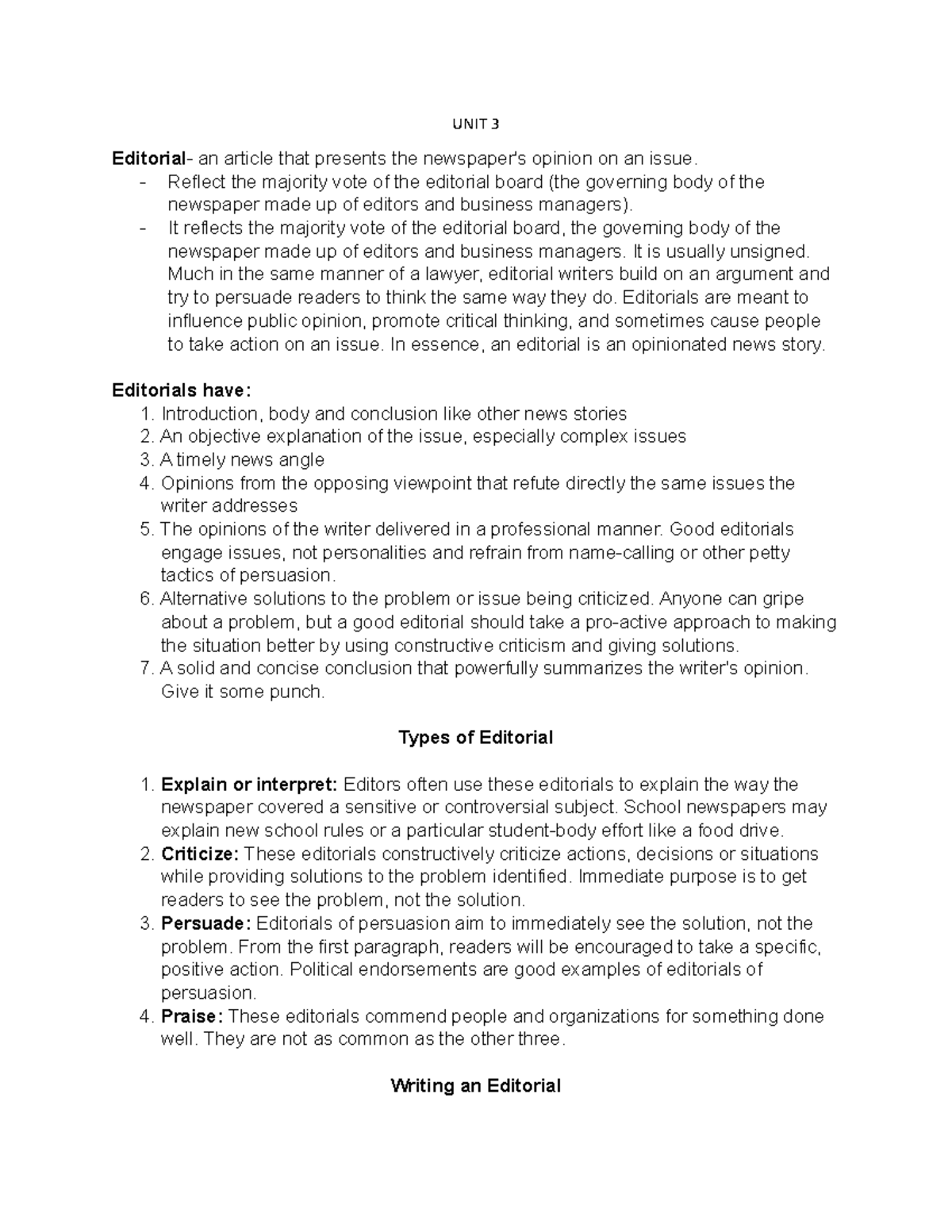 Notes - Nothing to add - UNIT 3 Editorial- an article that presents the ...