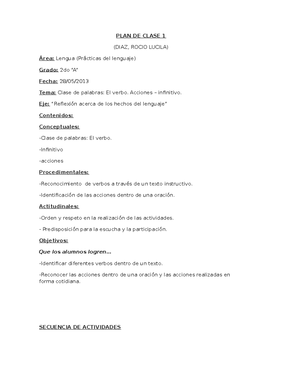 185419251 PLAN DE Clase Lengua 2DO docx - PLAN DE CLASE 1 (DIAZ, ROCIO ...