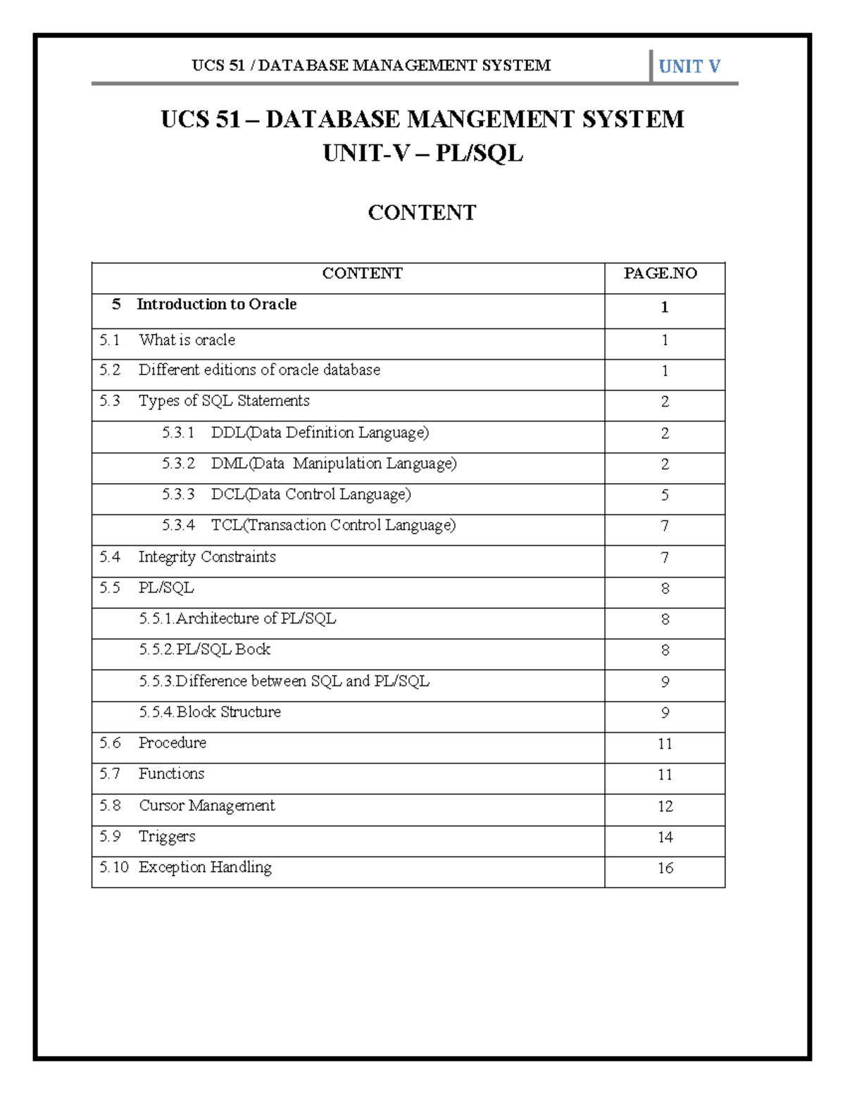 DBMS UNIT V content final - UCS 51 / DATABASE MANAGEMENT SYSTEM UNIT V ...