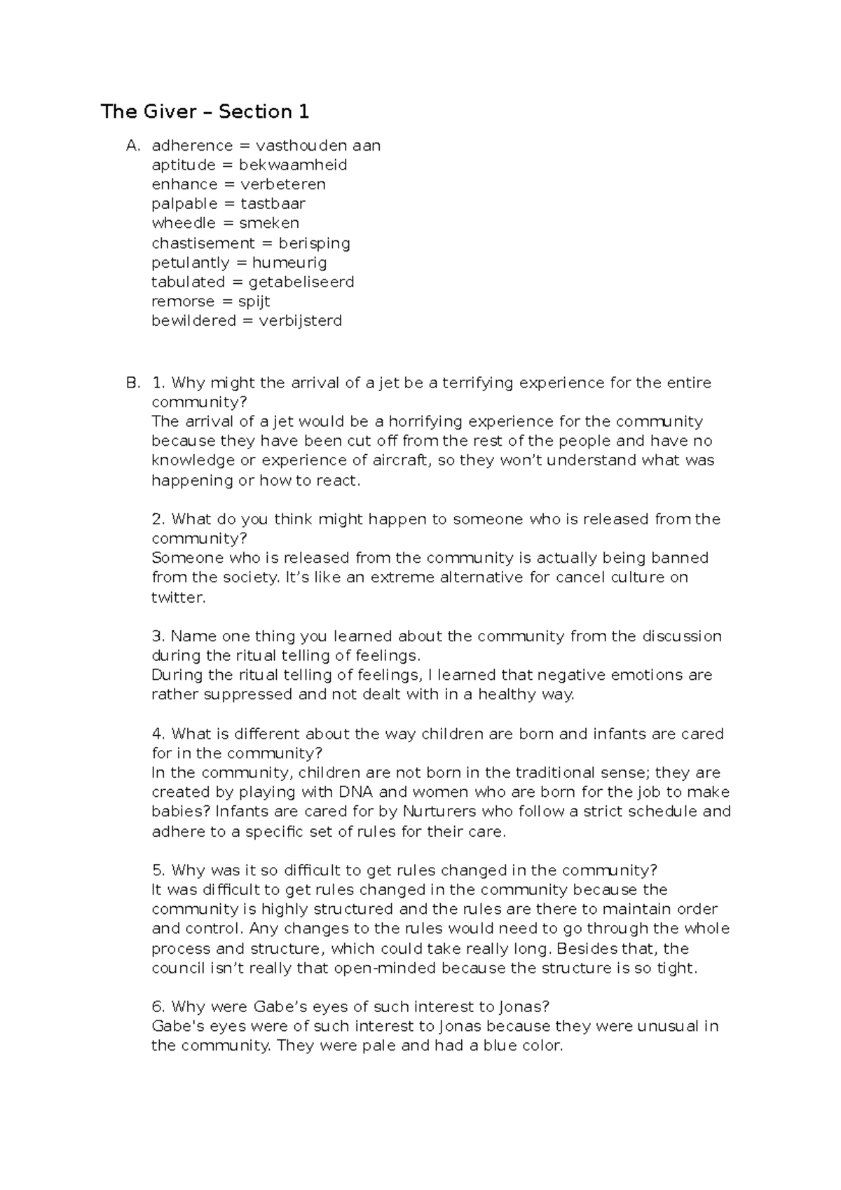The Giver Section 1 - engels - The Giver – Section 1 A. adherence ...