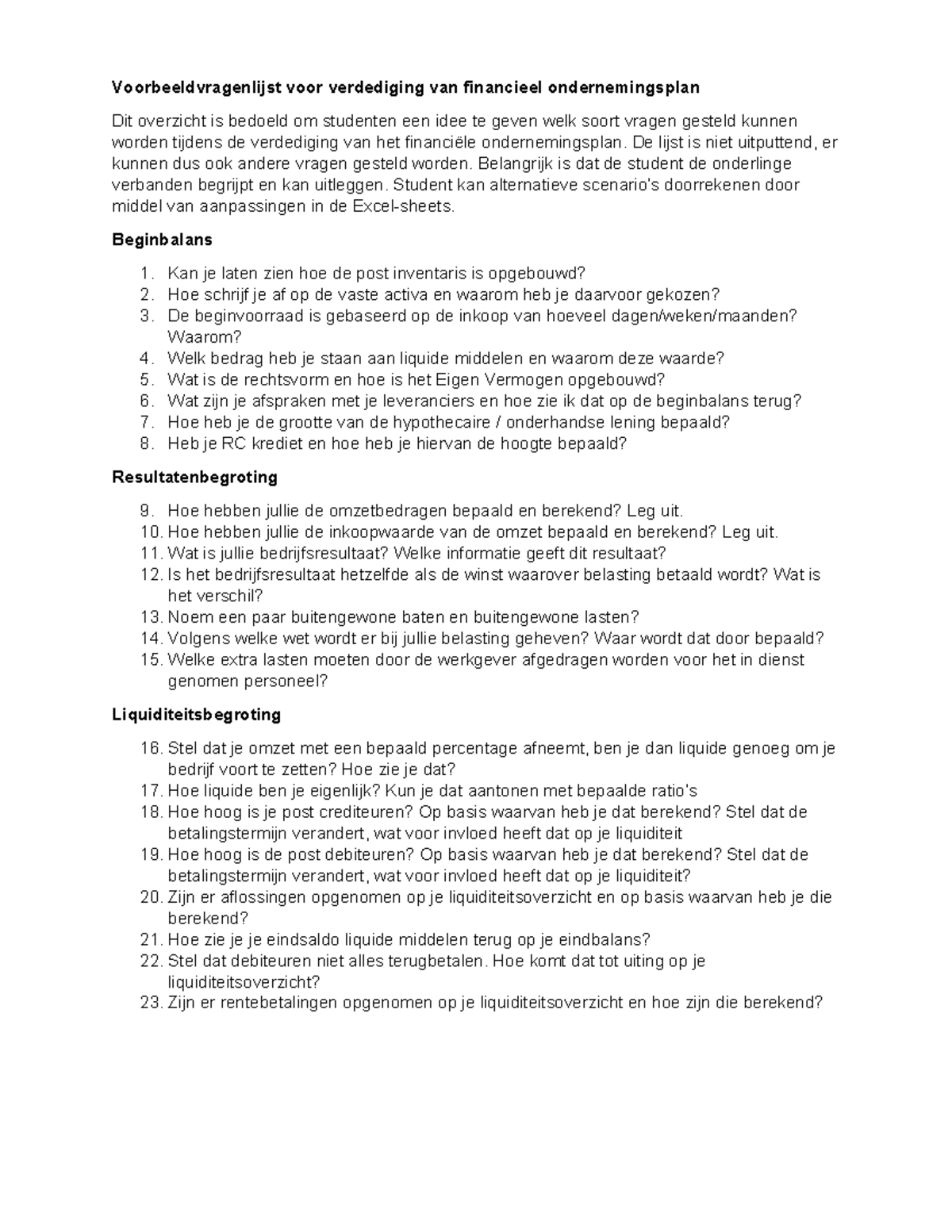 Voorbeeldvragen verdediging financieel ondernemingsplan 1 ...